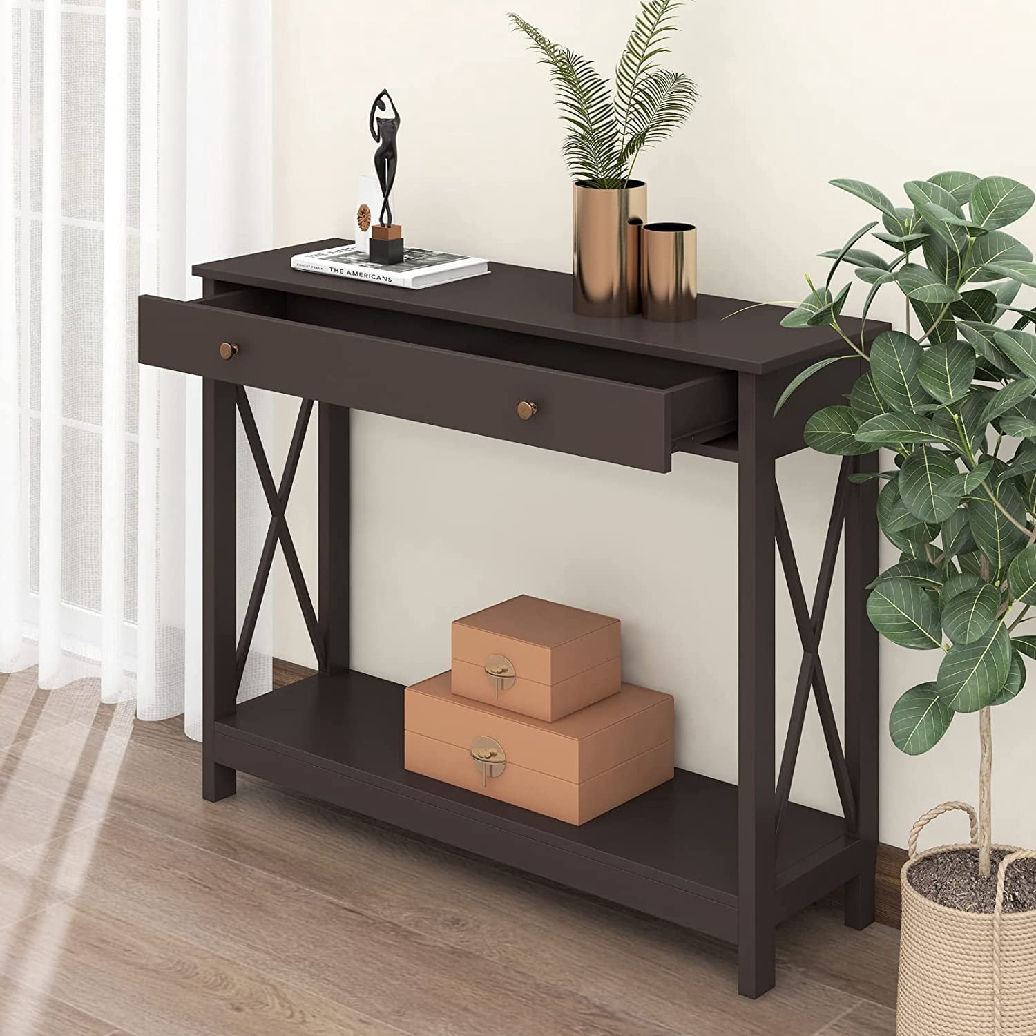 **black console table with drawer and storage shelves, foyer sofa table ...