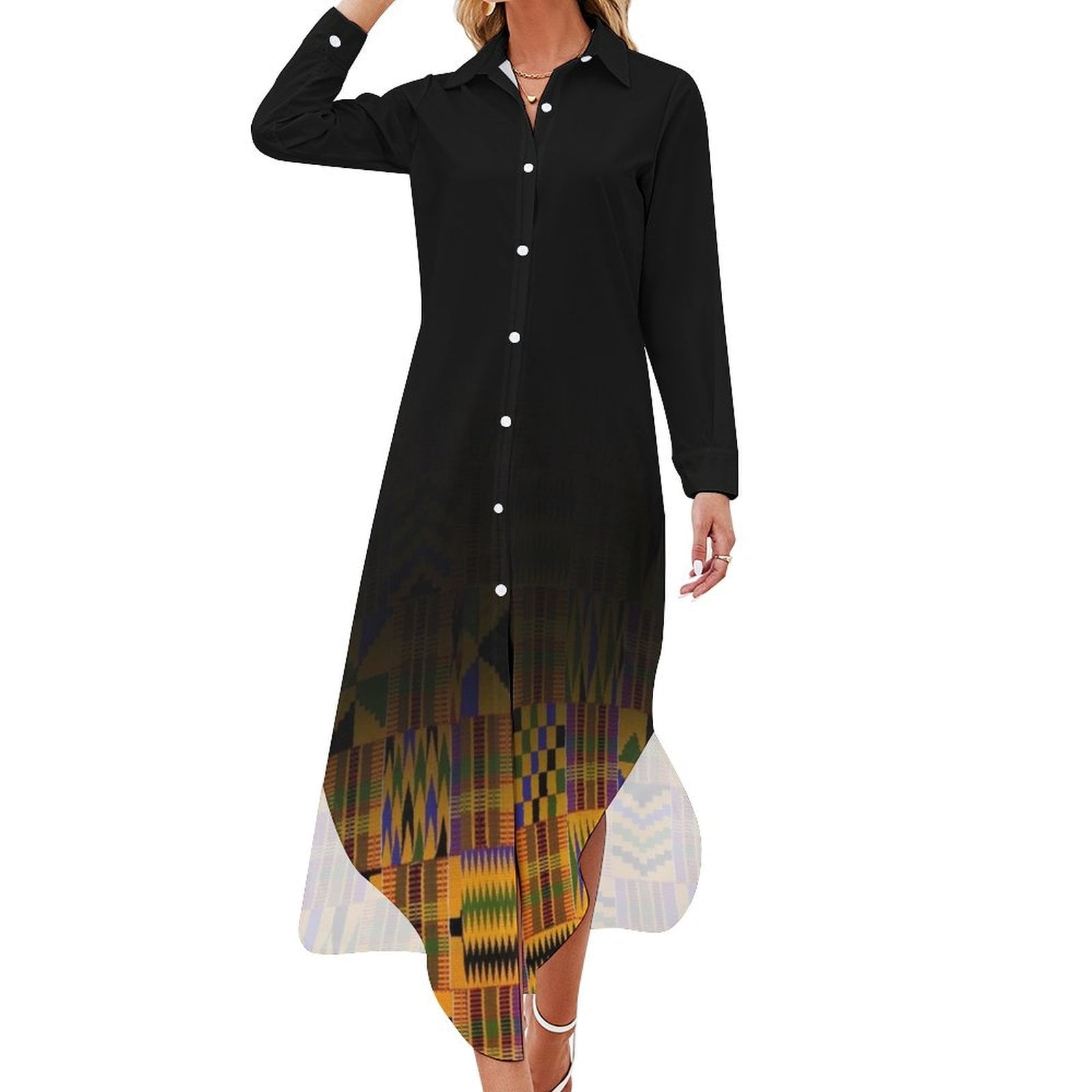 black fading kente print Long Sleeved Shirt Dress women's dresses ...