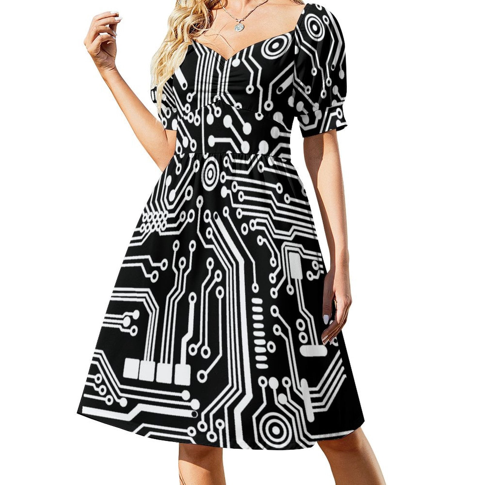 black microchip hardware circuit design Short Sleeved Dress women's ...