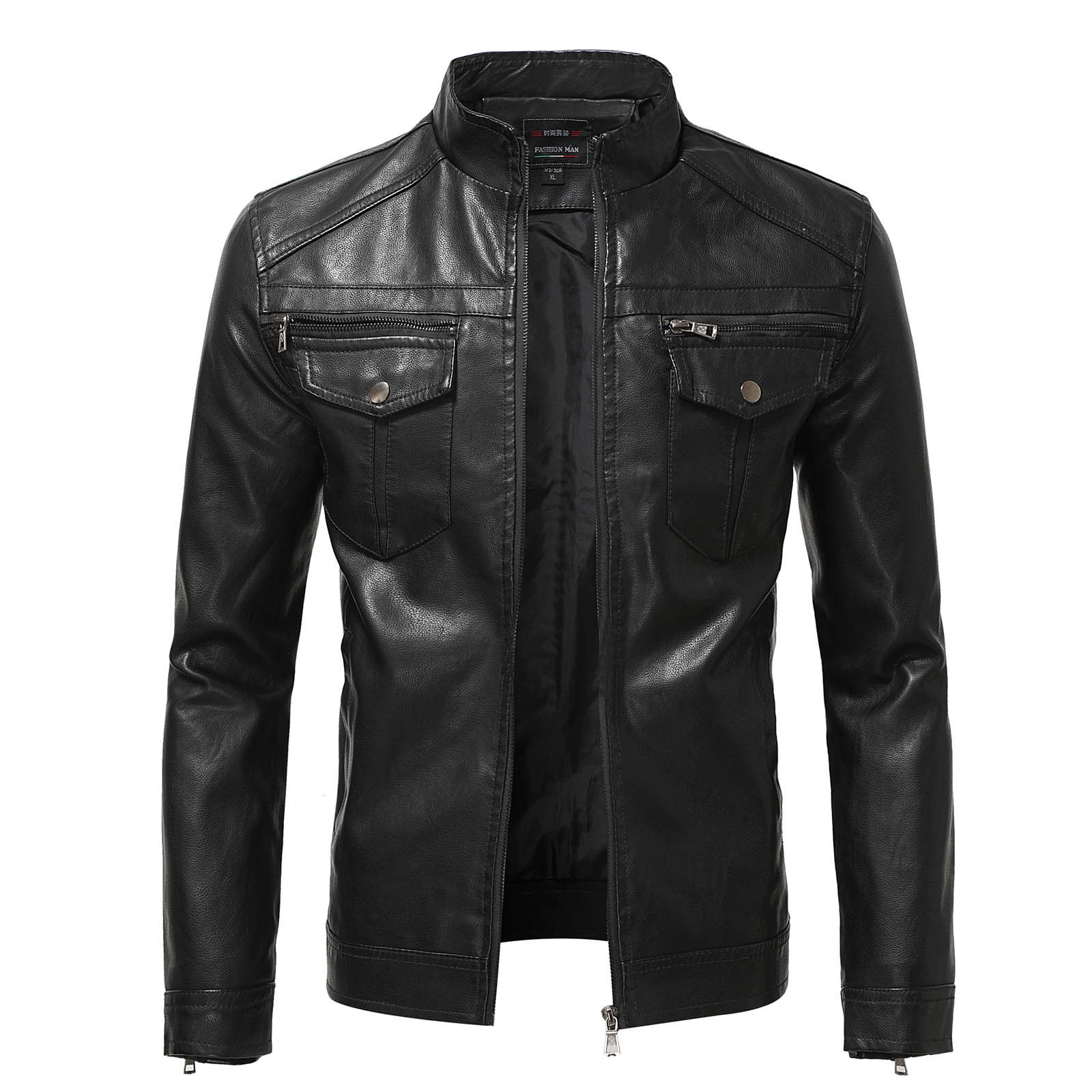 black motorcycle jacket men's casual slim leather jacket long sleeve ...