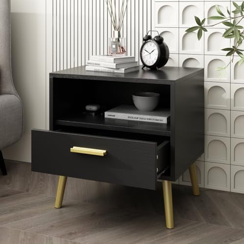 black night stand with drawer, nightstand with drawers and open-shelf ...