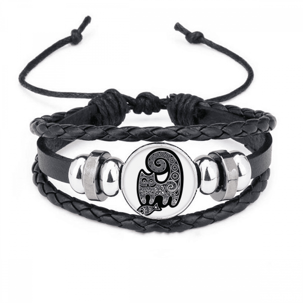 black white cat fish pattern bracelet braided leather woven wristband ...