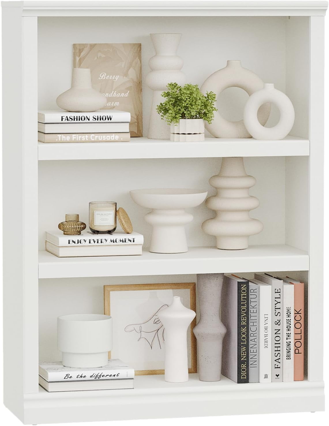 blini 3-Shelf Bookcase White Wooden Bookshelves 33in Wide Floor ...