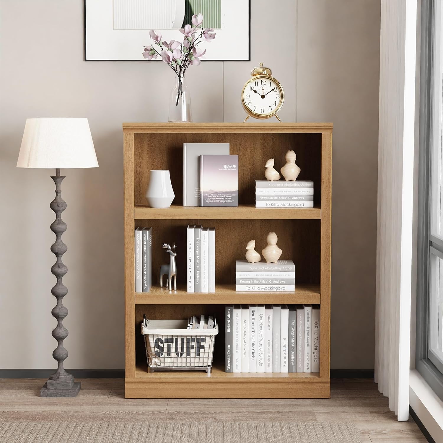 blini 3-Shelf Bookcase Wooden Bookshelves 33in Wide Floor Standing ...