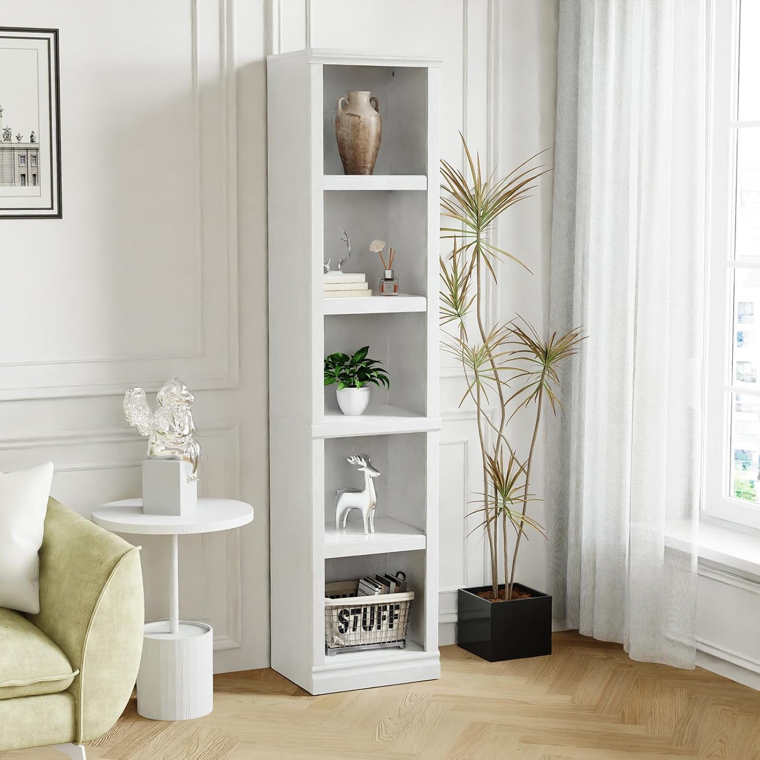 blini 5-Shelf Narrow Bookcase White Wooden Bookshelves Floor Standing ...