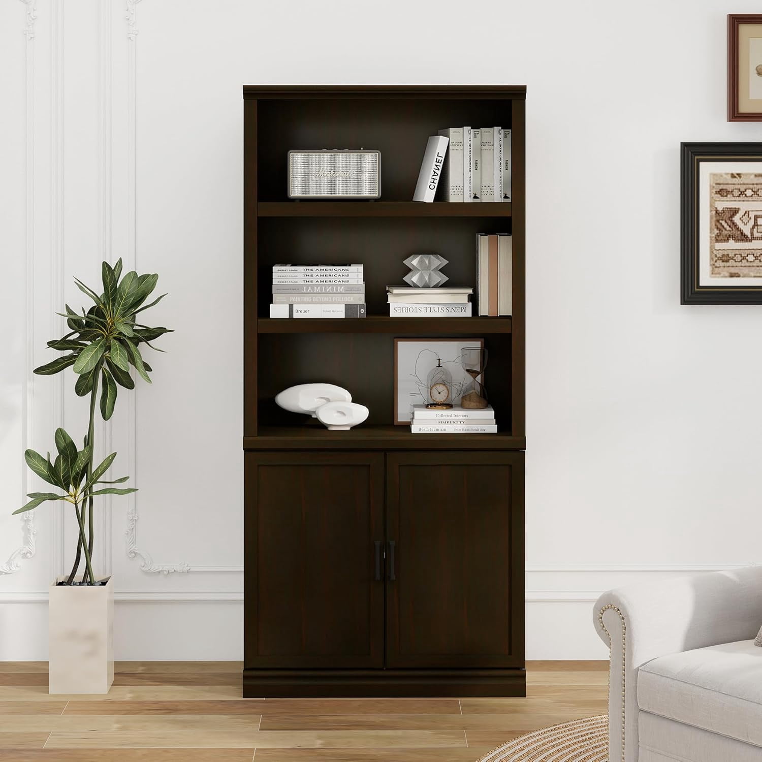 blini 5 Shelf Tall Bookcase with Doors Cherry Wood Bookshelf 31in Wide ...