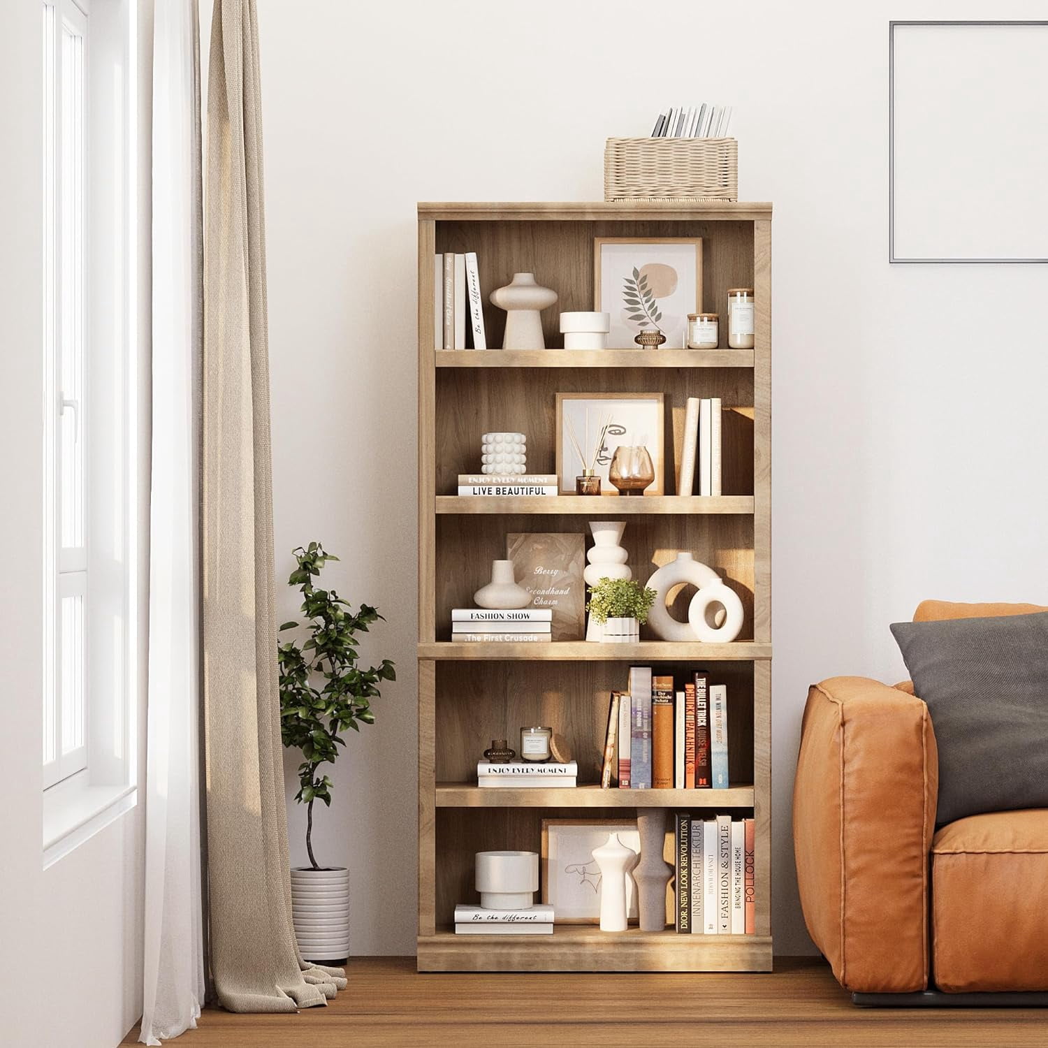 blini 5-Shelf Tall Bookcase Wooden Bookshelves 33in Wide Floor Standing ...