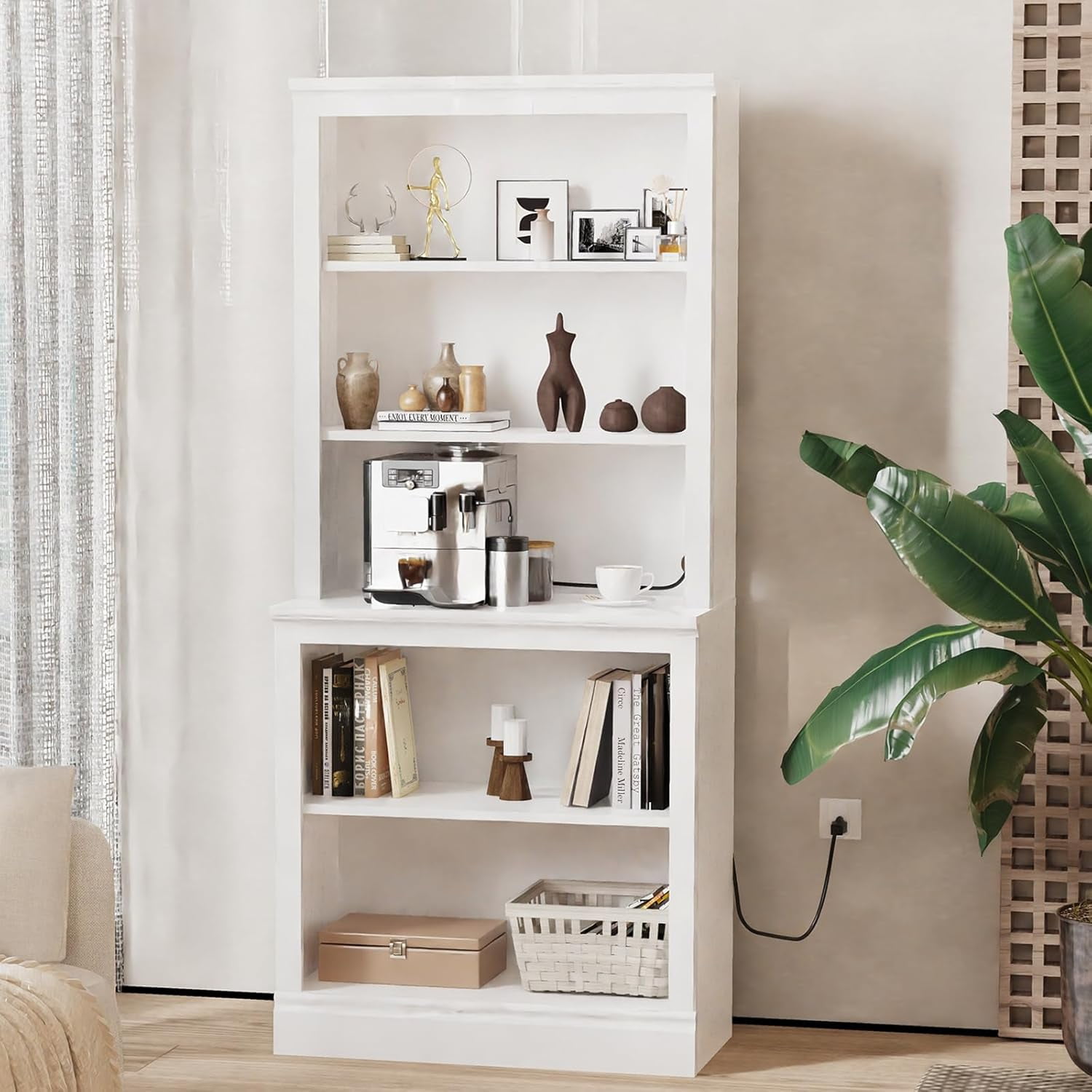 blini Multi-Depth White Bookcase 5 Shelf Solid Wood Bookshelf, 33in ...