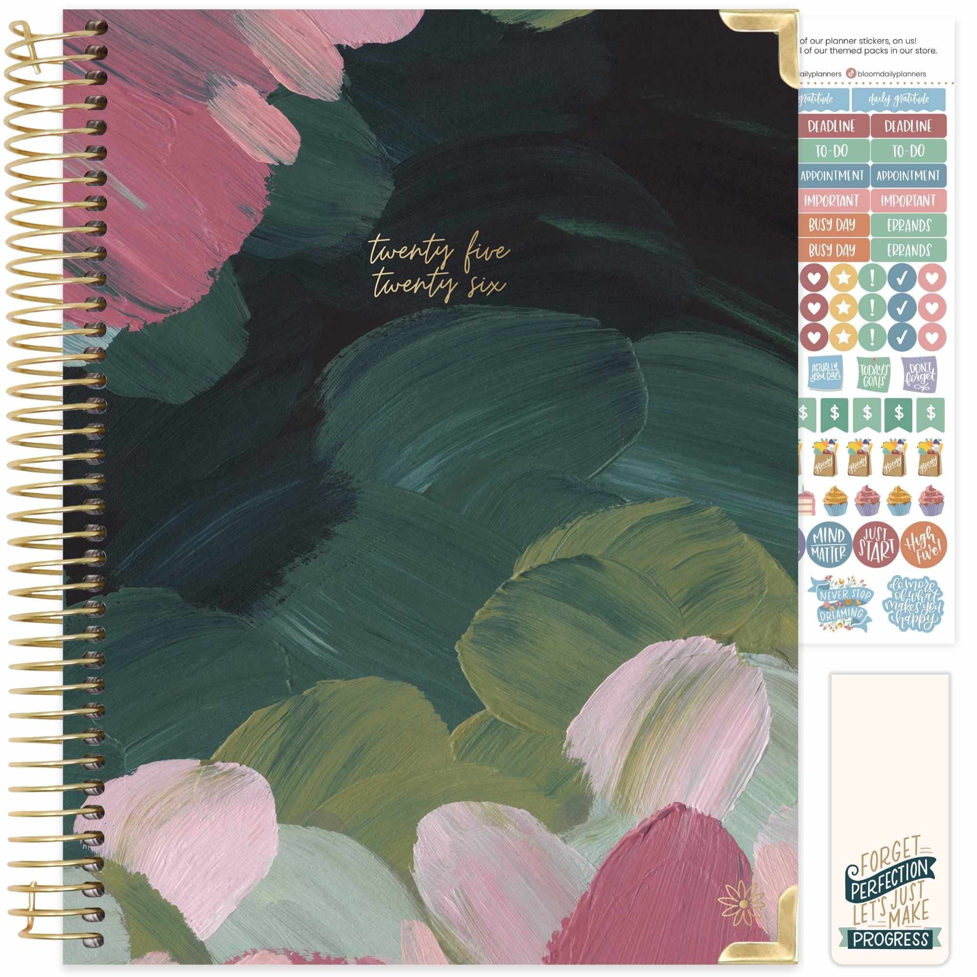bloom daily planners 2025-26 Academic Planner, Hard Cover, 8.5" x 11", Emerald Paint Strokes ...