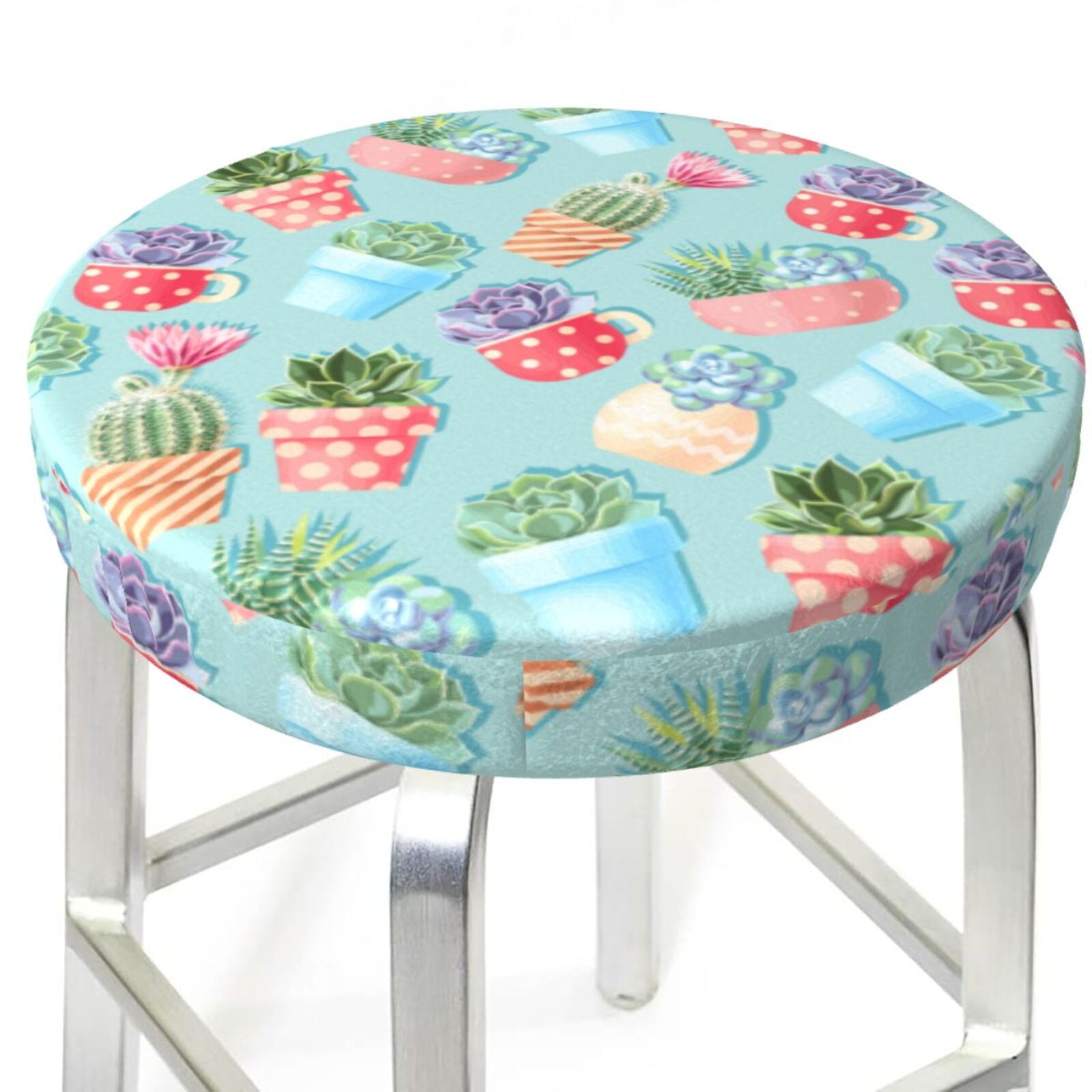 blue Cactus potted plant Round Bar Stool Seat Covers, Elastic Round ...