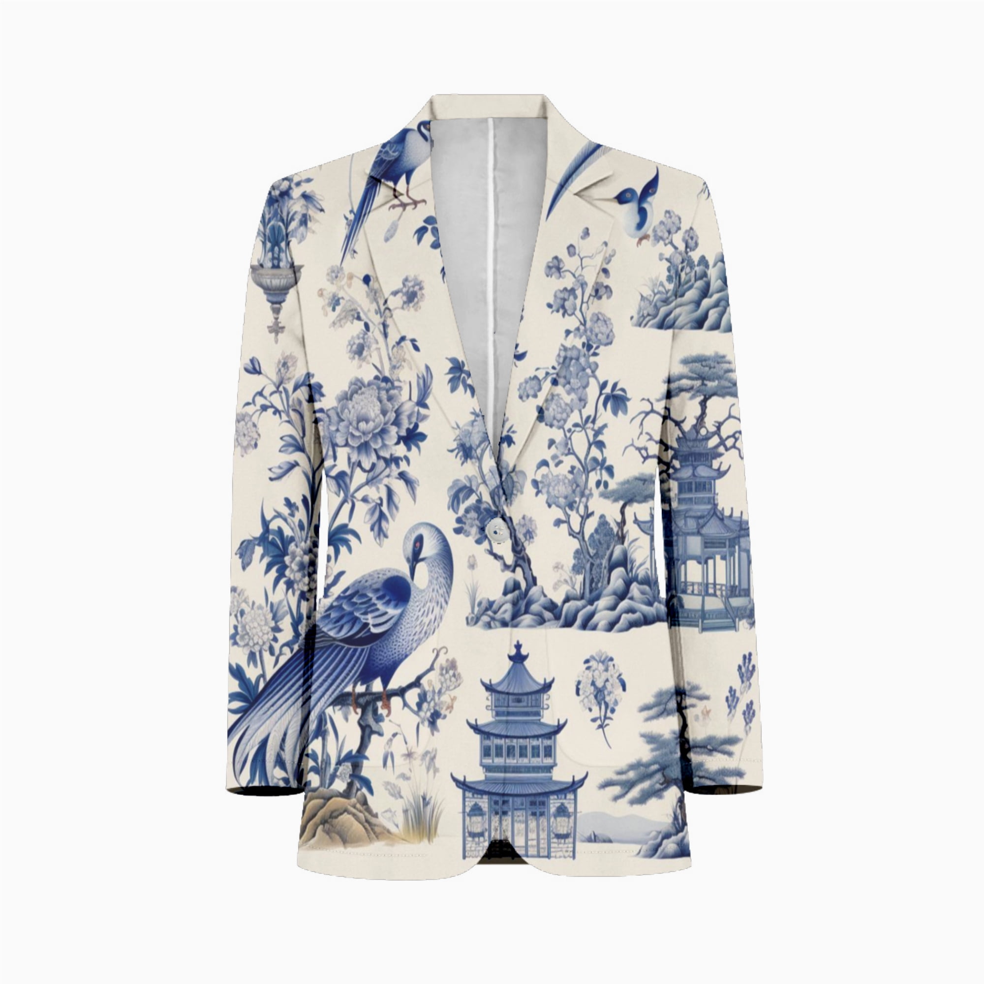 blue Chinoiserie Toile Beautiful bird Men's Suit Blazer Casual Party ...