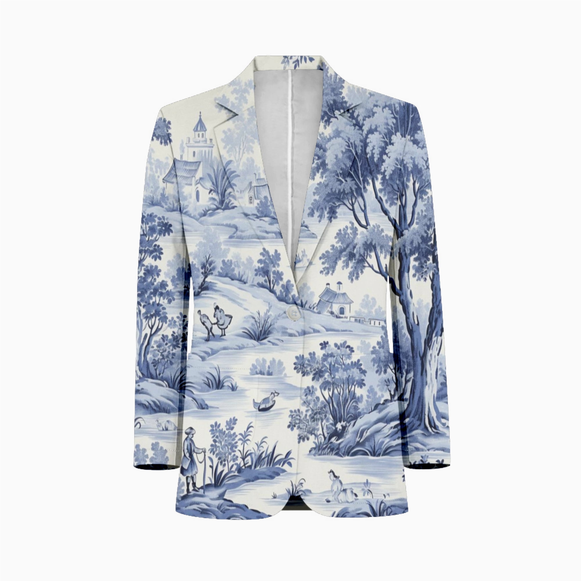 blue Chinoiserie Toile Farming Men's Suit Blazer Casual Party Wear Slim ...