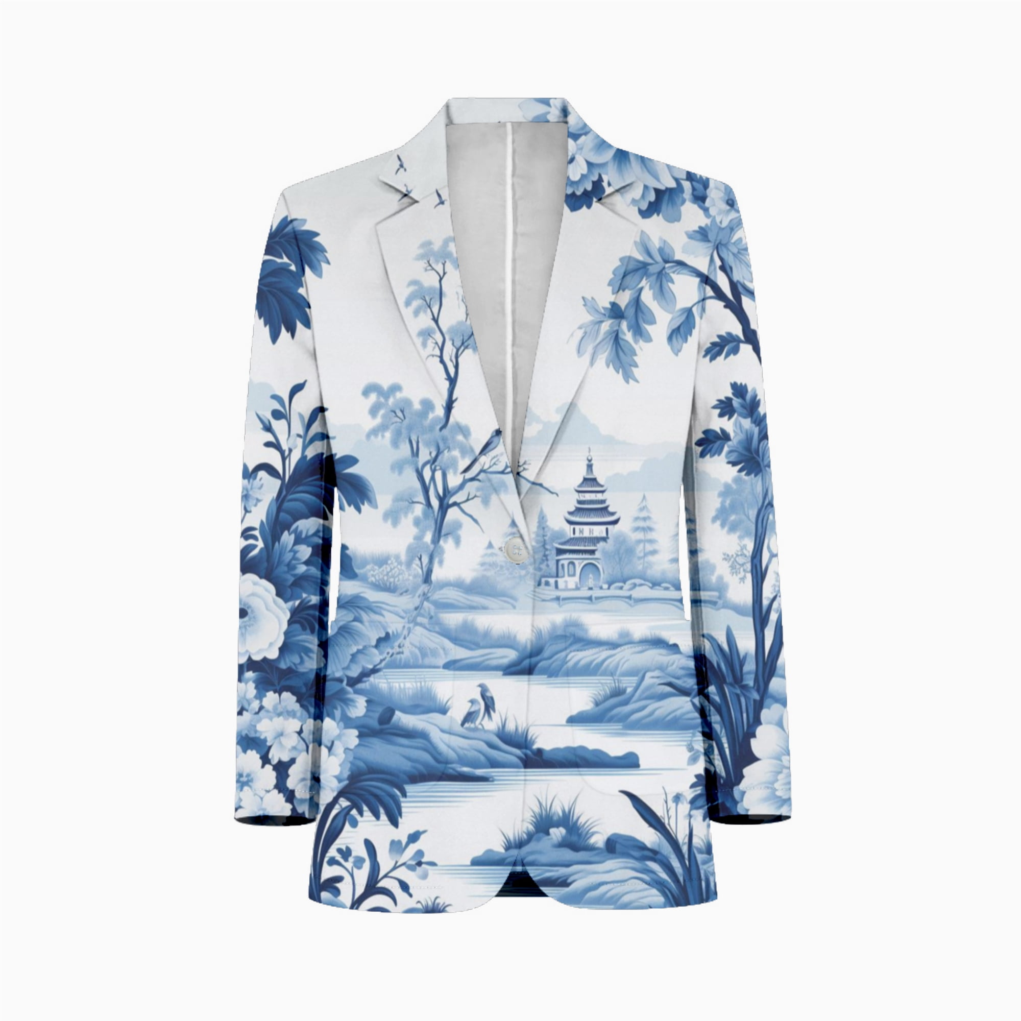 blue Chinoiserie Toile Flowers Mens Suits Shawl Collar Slim Fit Suit ...