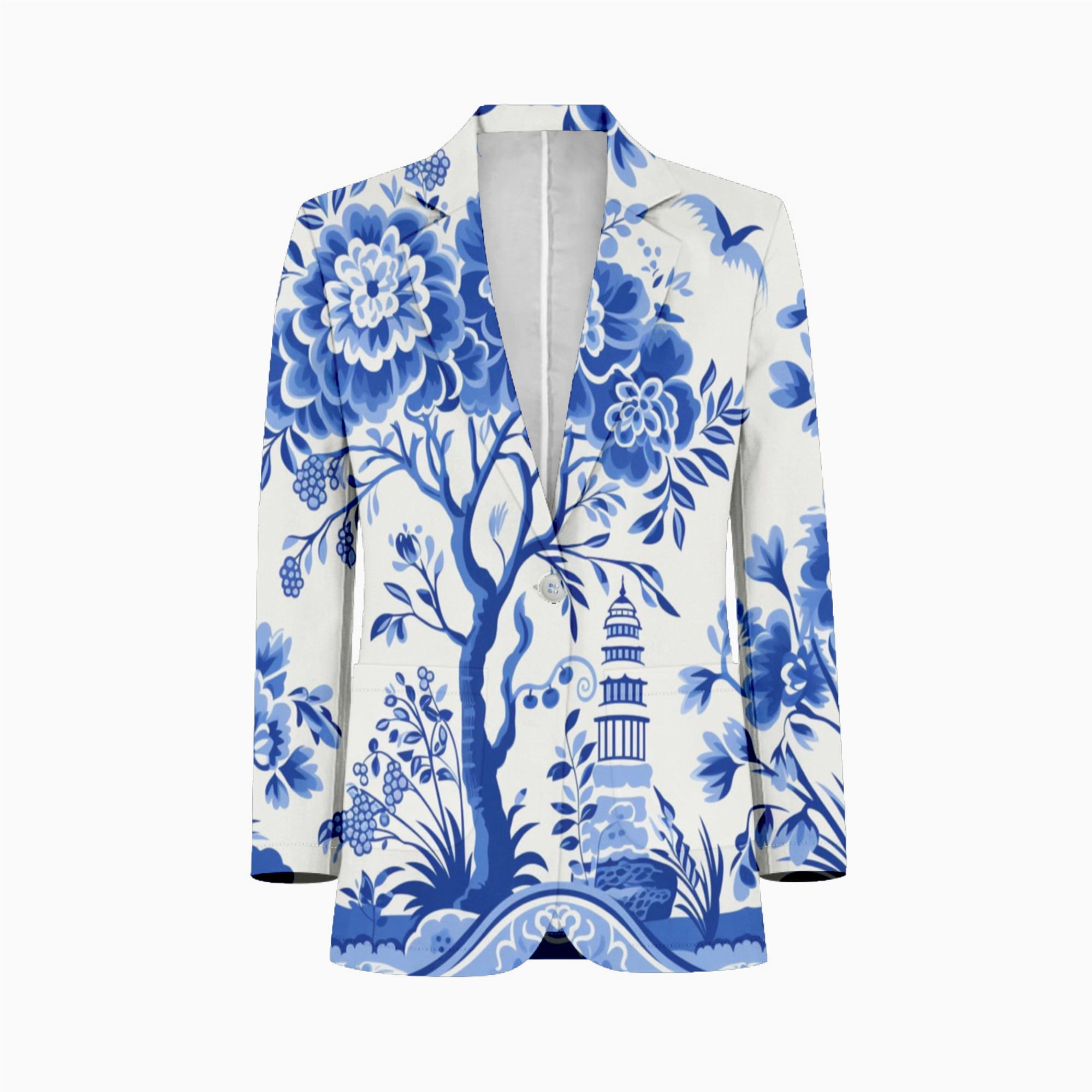 blue Chinoiserie Toile Flowers Tree Birds Men's Suit Blazer Casual ...