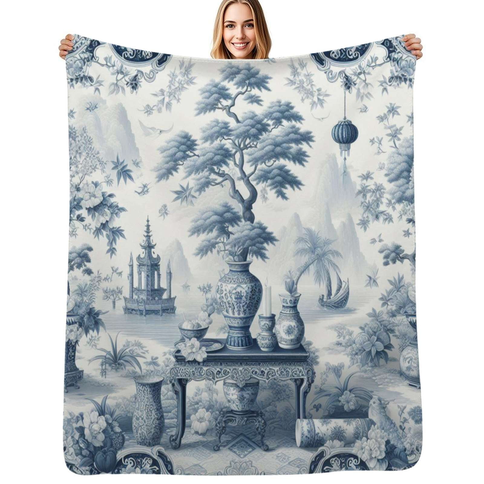 blue Chinoiserie Toile Luxury Style Flannel Blanket Warm Soft Bedding Throws Winter Camping ...