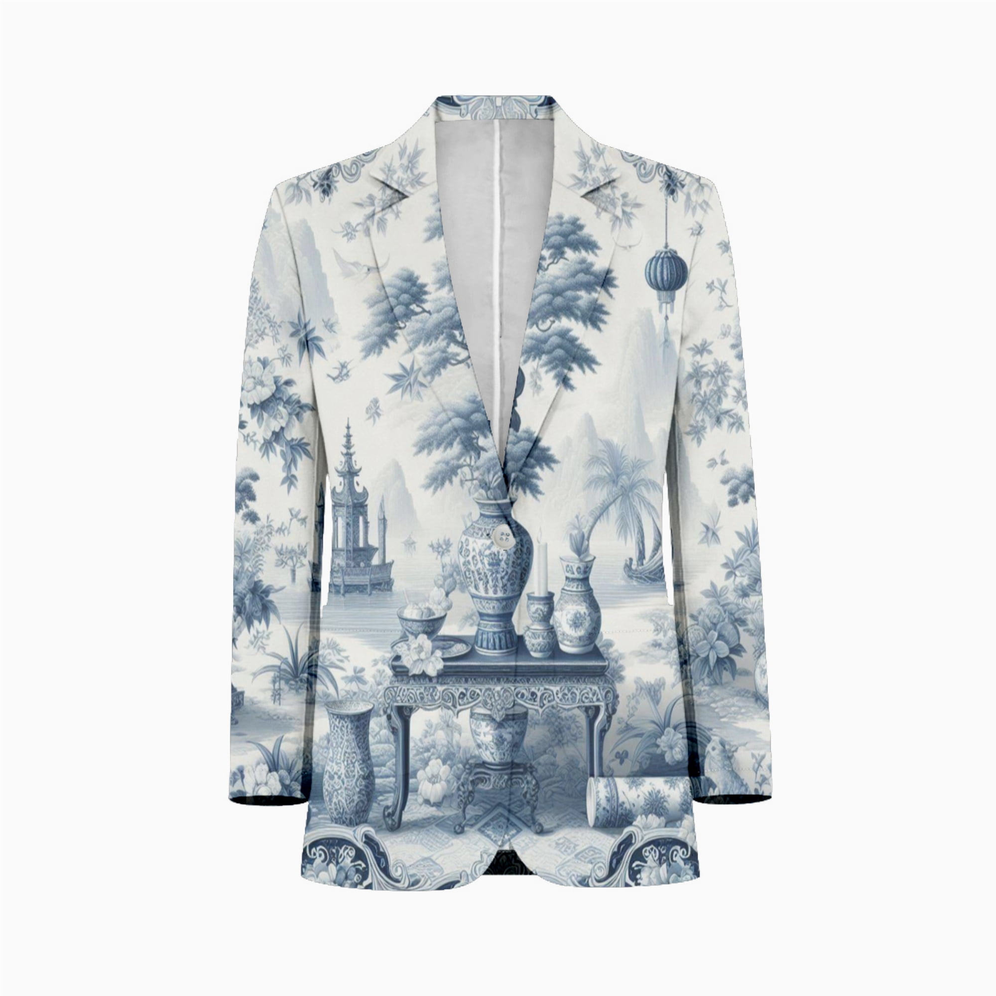 blue Chinoiserie Toile Luxury Style Men Blazers Slim Clothing Summer ...