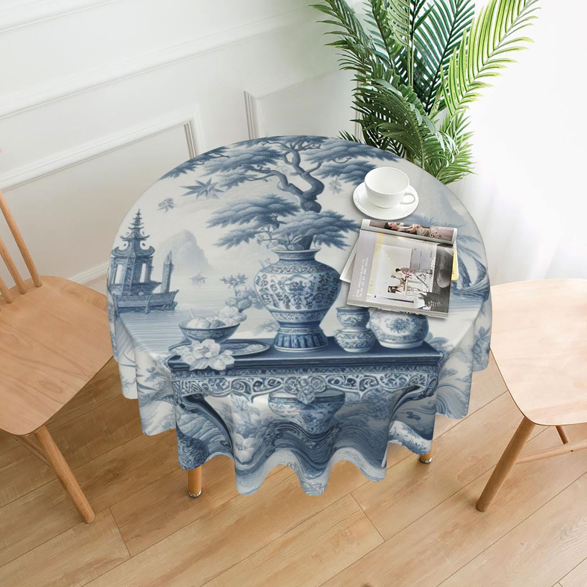 blue Chinoiserie Toile Luxury Style Polyester Round Tablecloths 60 Inch ...