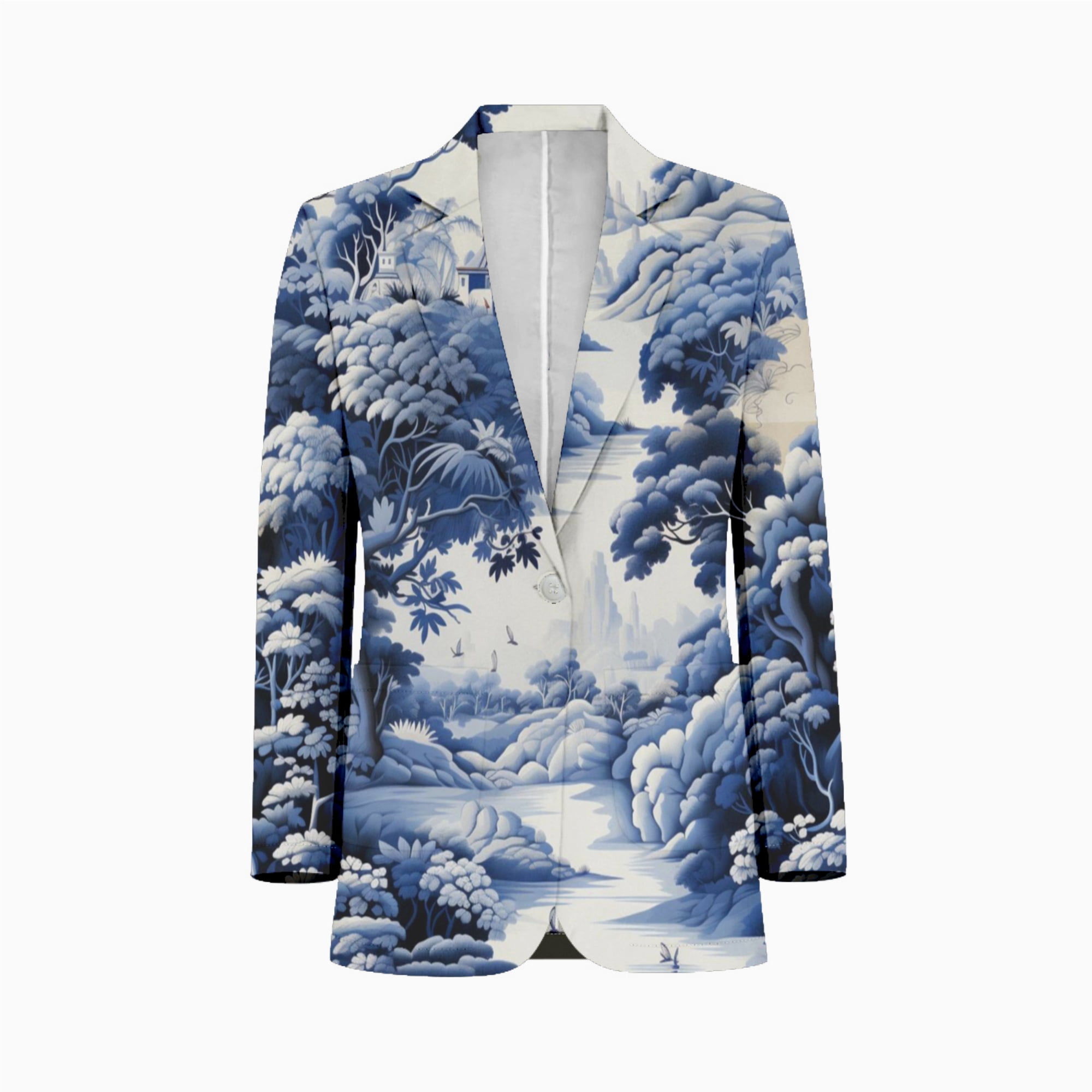 blue Chinoiserie Toile River Men Blazers Slim Clothing Summer Jacket ...