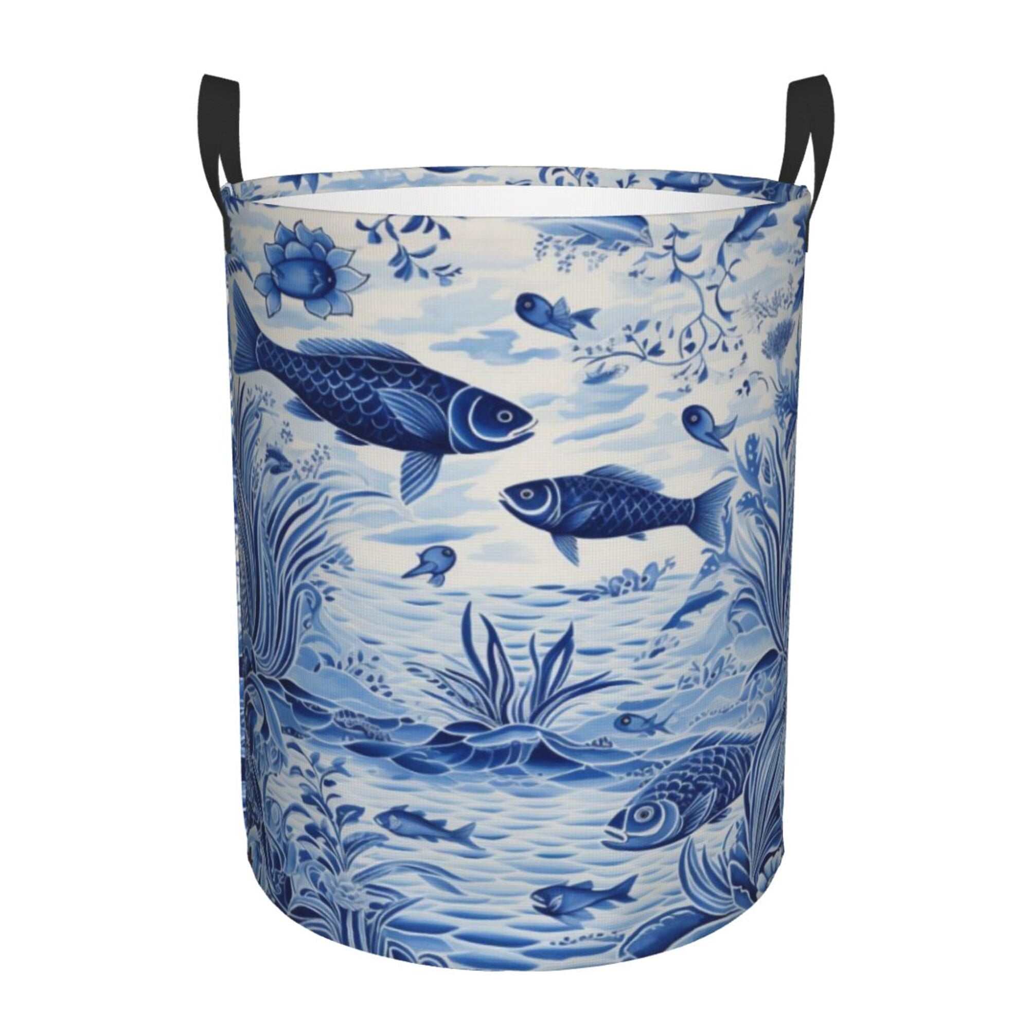 blue Chinoiserie Toile fish Large Dirty Clothes Hamper Foldable Laundry ...