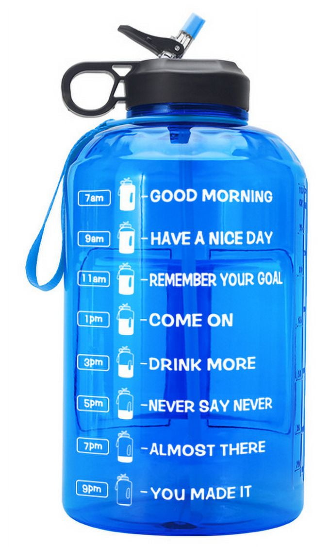 (blue)Gallon Water Bottle With Times To Drink - 128 oz Water Bottle With Straw -Sports Water ...
