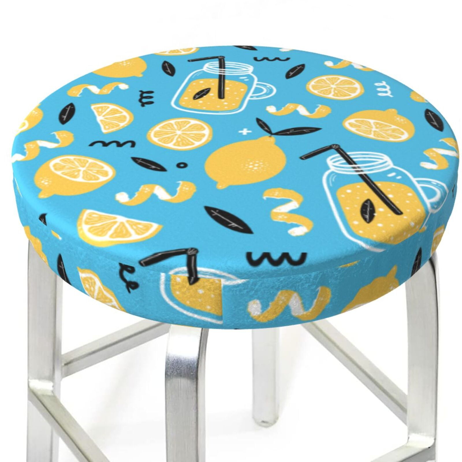 blue Lemon juice Bar Stool Covers - Stretch Round Seat Covers with ...