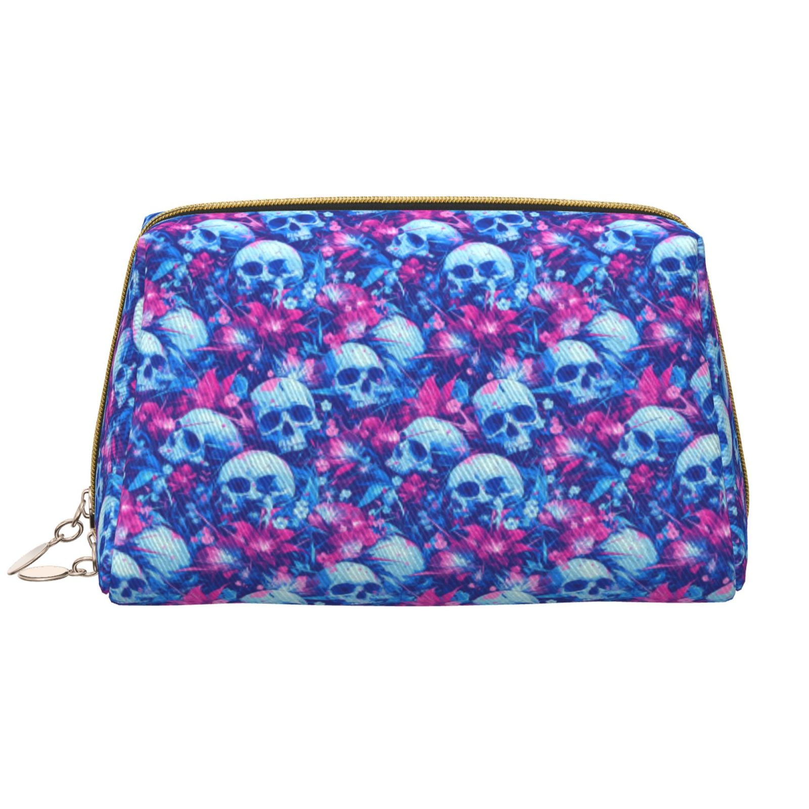 blue Skull purple flower Makeup Bag, Leather Waterproof Travel Toiletry ...