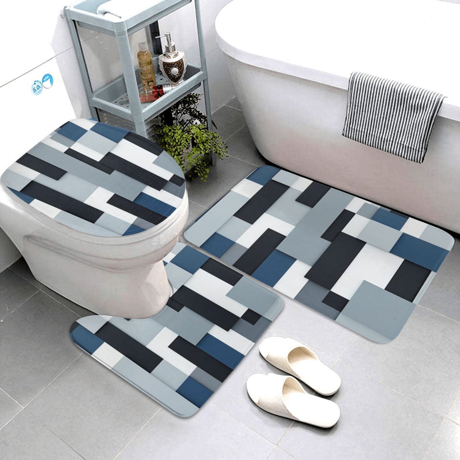 blue and black and grey squares Bath Mat Set 3 Piece Non Slip Rug ...