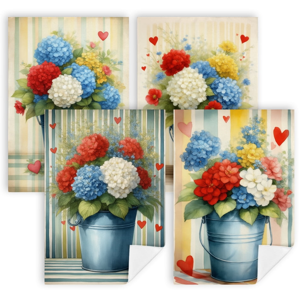blue and white kitchen towels A blue bucket filled with red white and ...