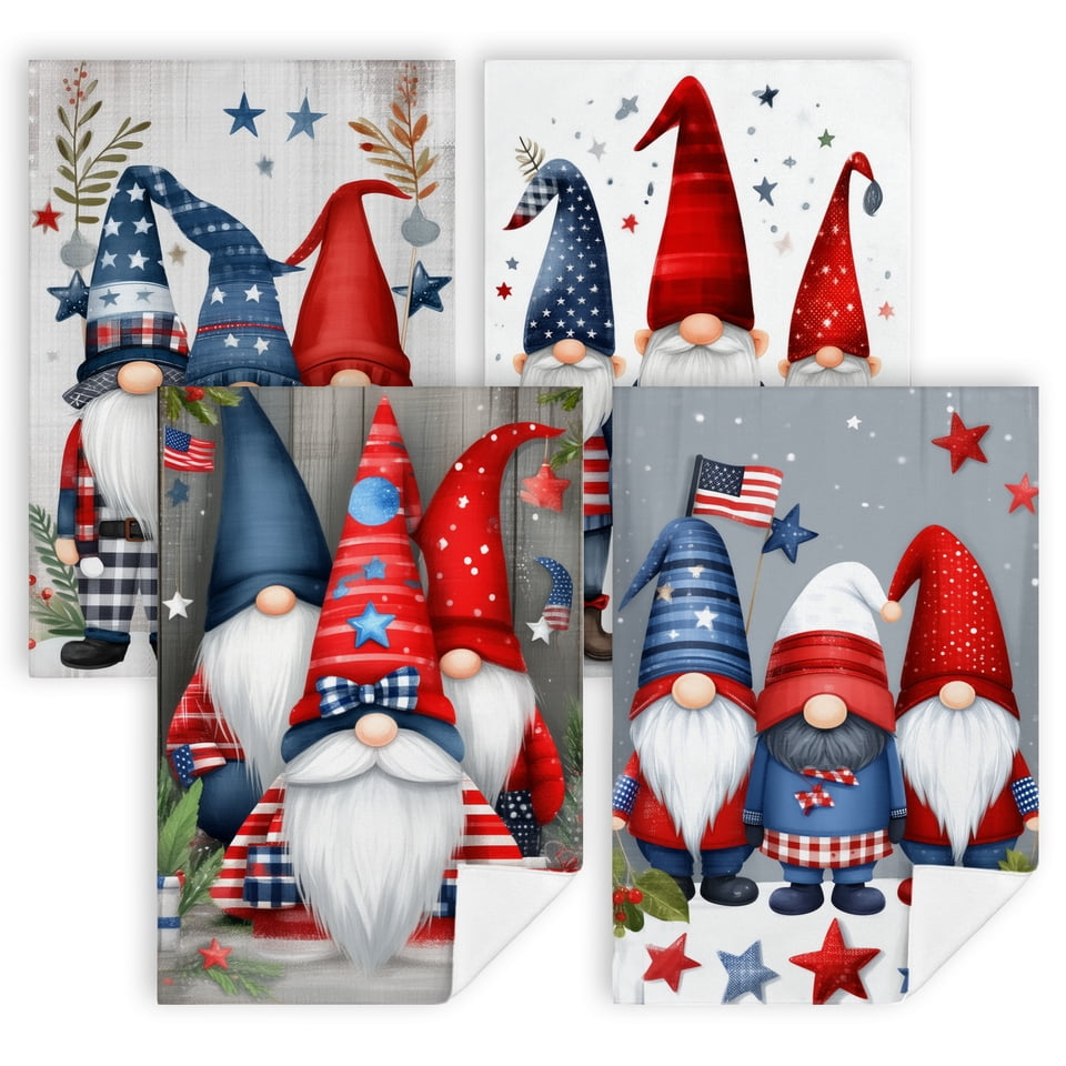 blue and white kitchen towels A group of three gnomes standing next to ...
