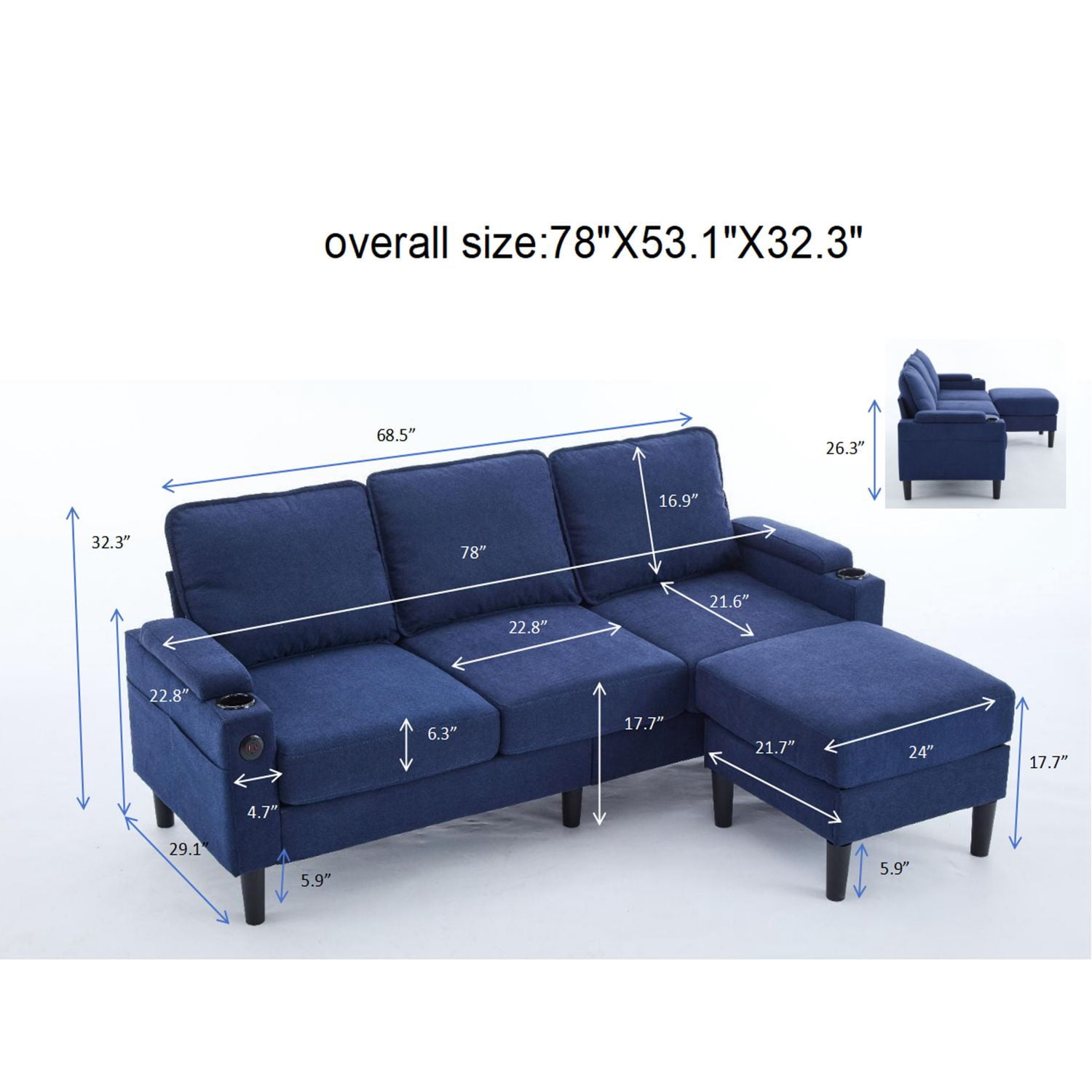 blue color knock down 3-seat combo sofa with storage ottoman for living ...
