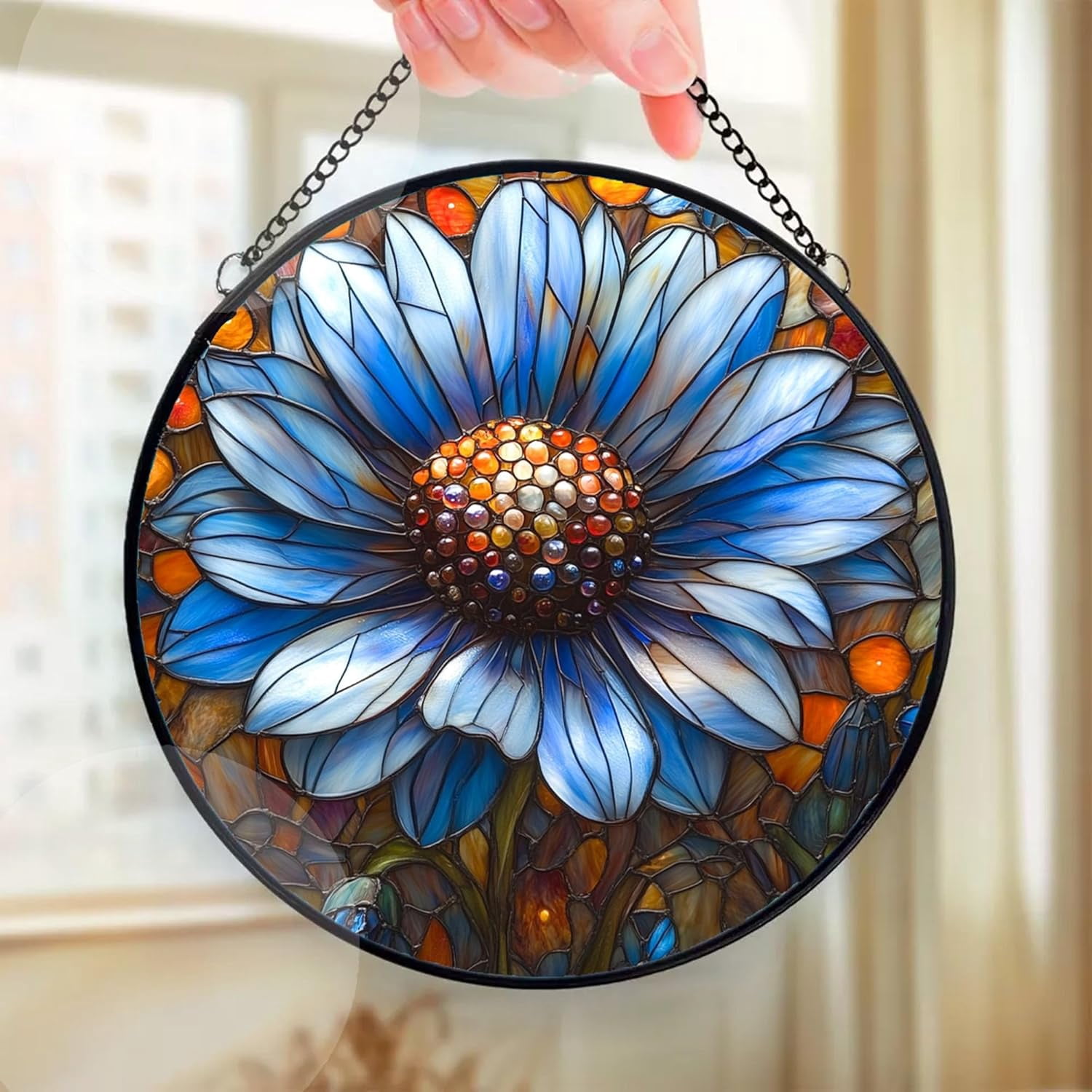 blue daisy flower Suncatcher 8 in Stained Glass Window Hanging Sun ...