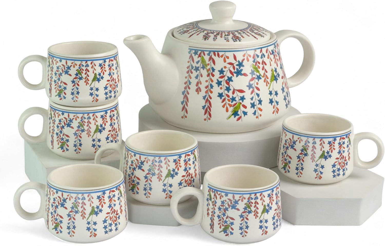 blue floral ceramic tea set – 6 cups & 1 teapot gift set for adults ...