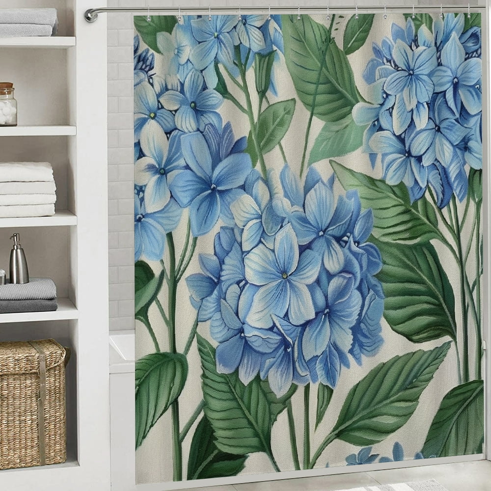 blue flowers, green leaves waterproof shower curtain beautiful pattern ...