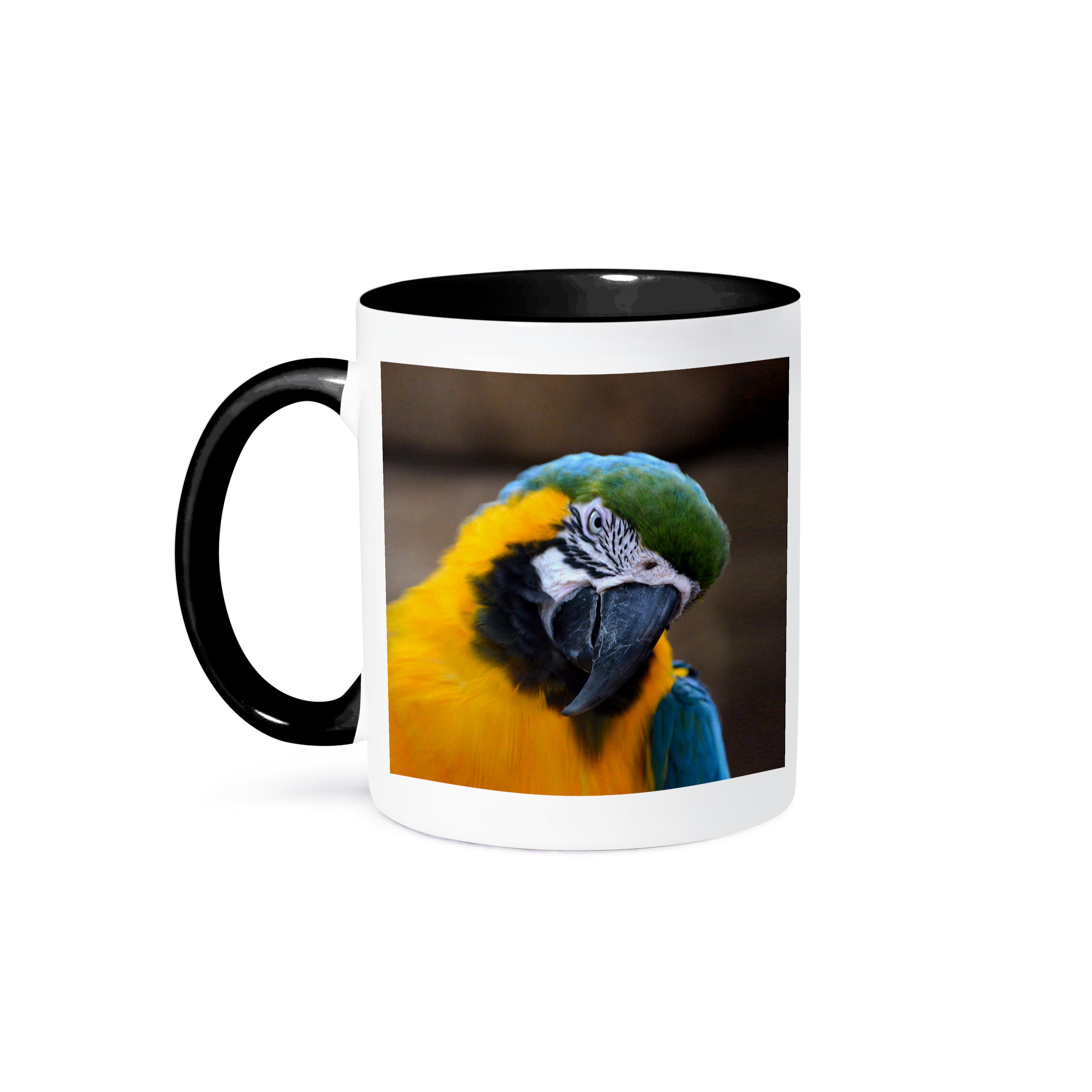 3dRose, blue gold parrot macaw head tilted, 15oz Two-Tone Black Mug ...
