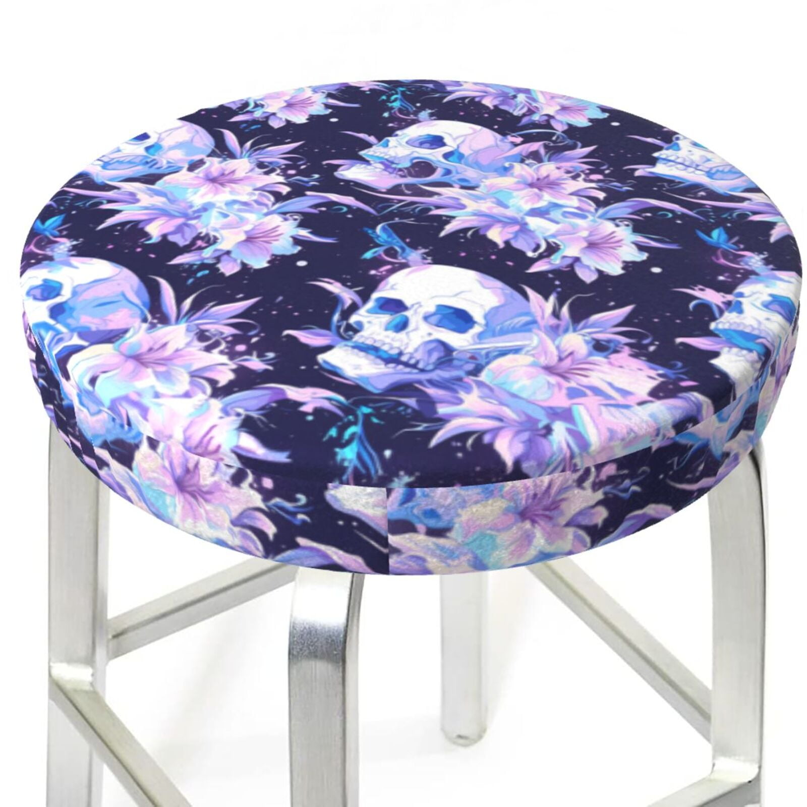 blue starry sky Skull flower Bar Stool Covers - Stretch Round Seat ...