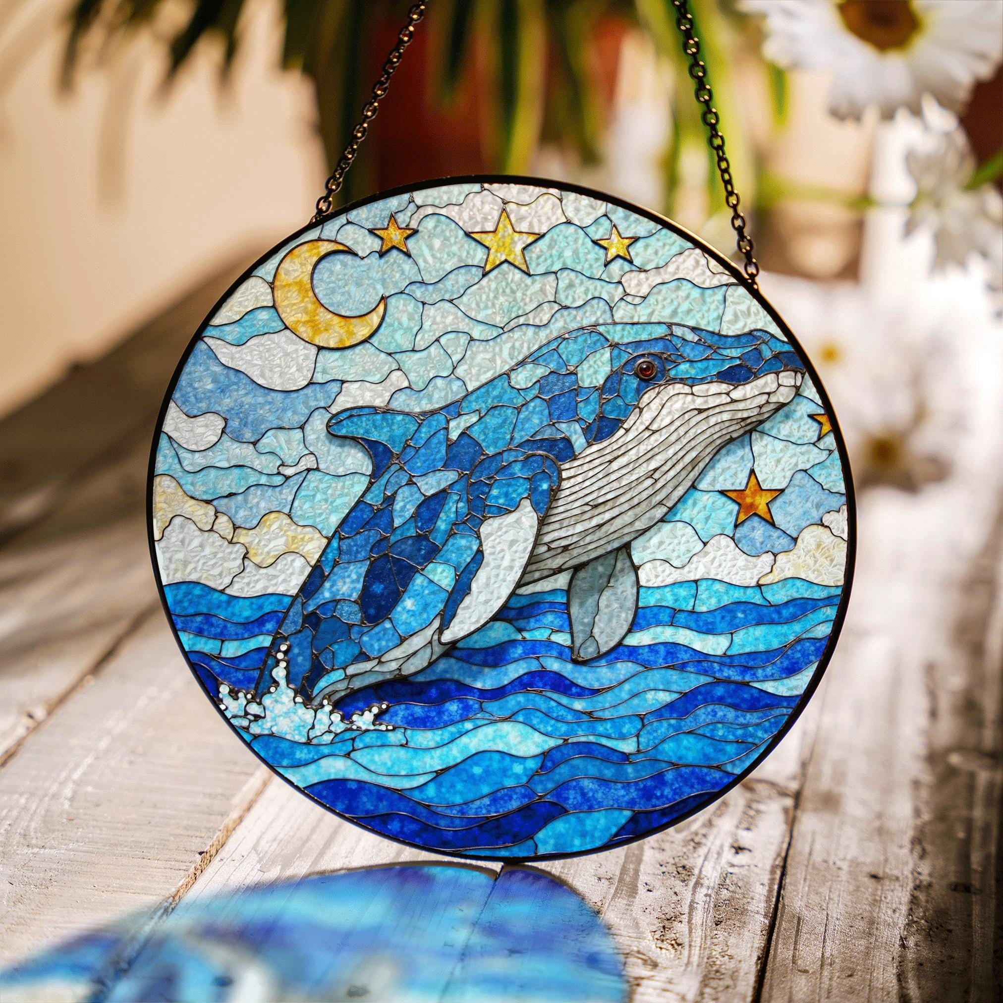 blue whale ocean stained glass suncatcher sea animal art gift for ocean ...