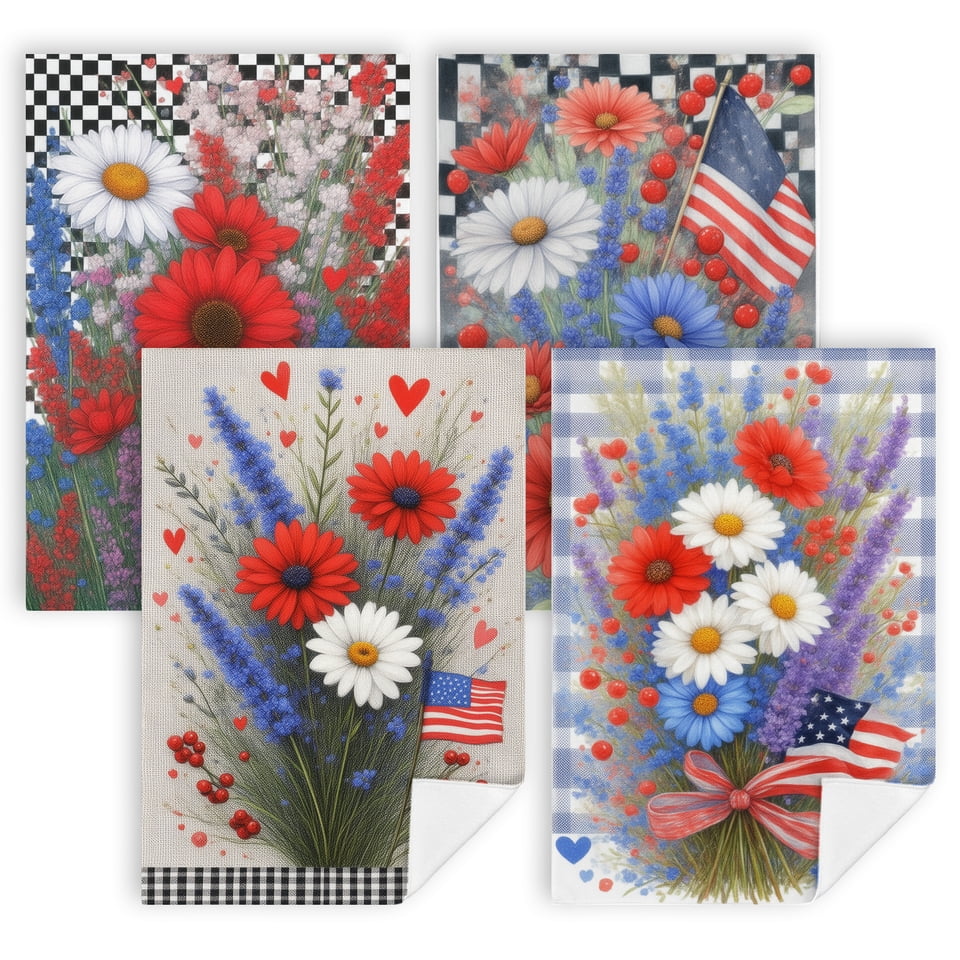 blue and white kitchen towels A bouquet of red white and blue flowers ...