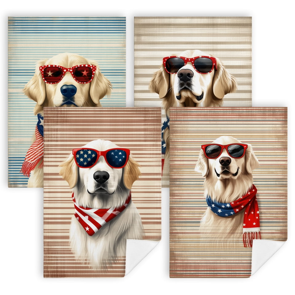 blue and white kitchen towels A dog wearing red white and blue ...