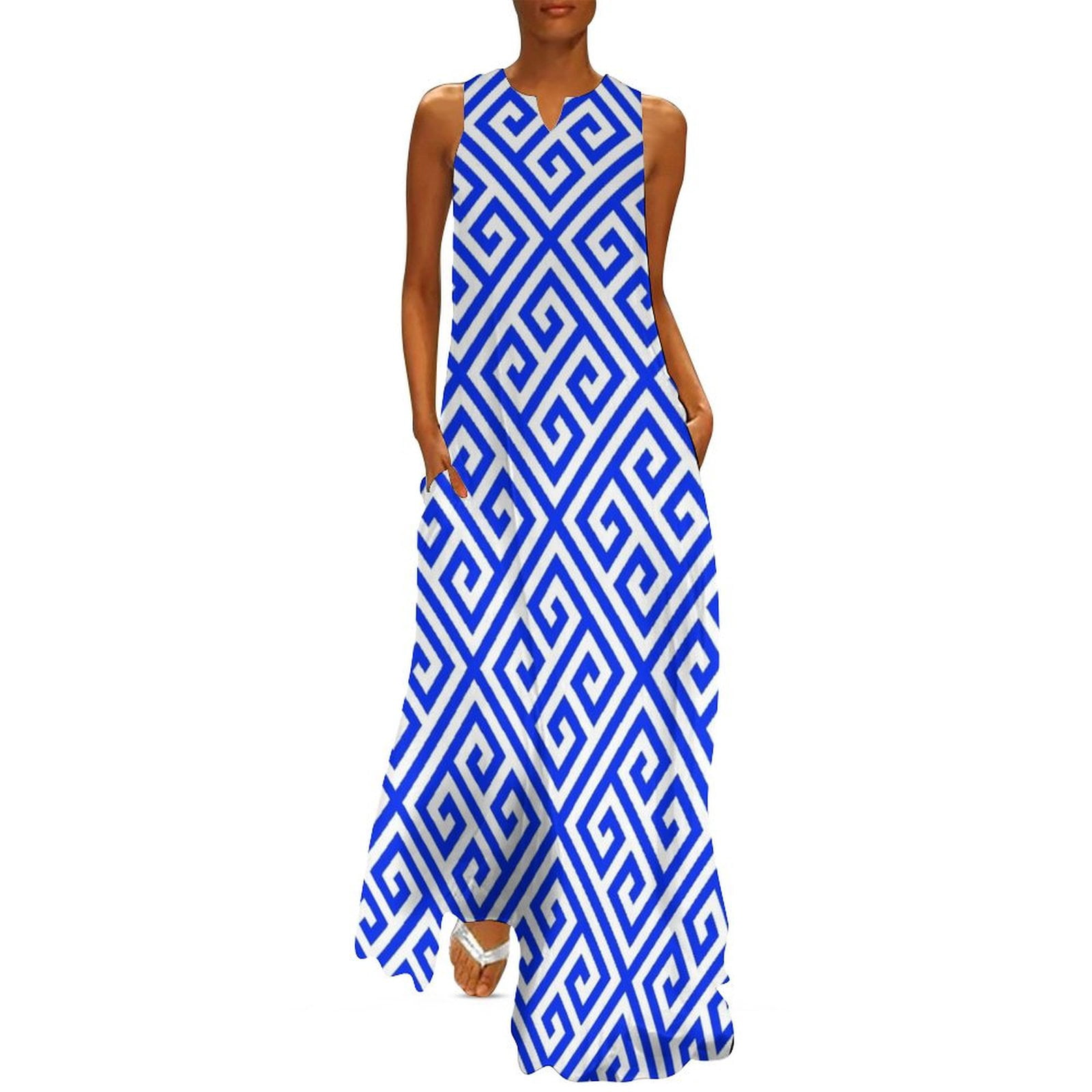 blue white pattern Greek Key pattern - Greek fret design Long Dress ...