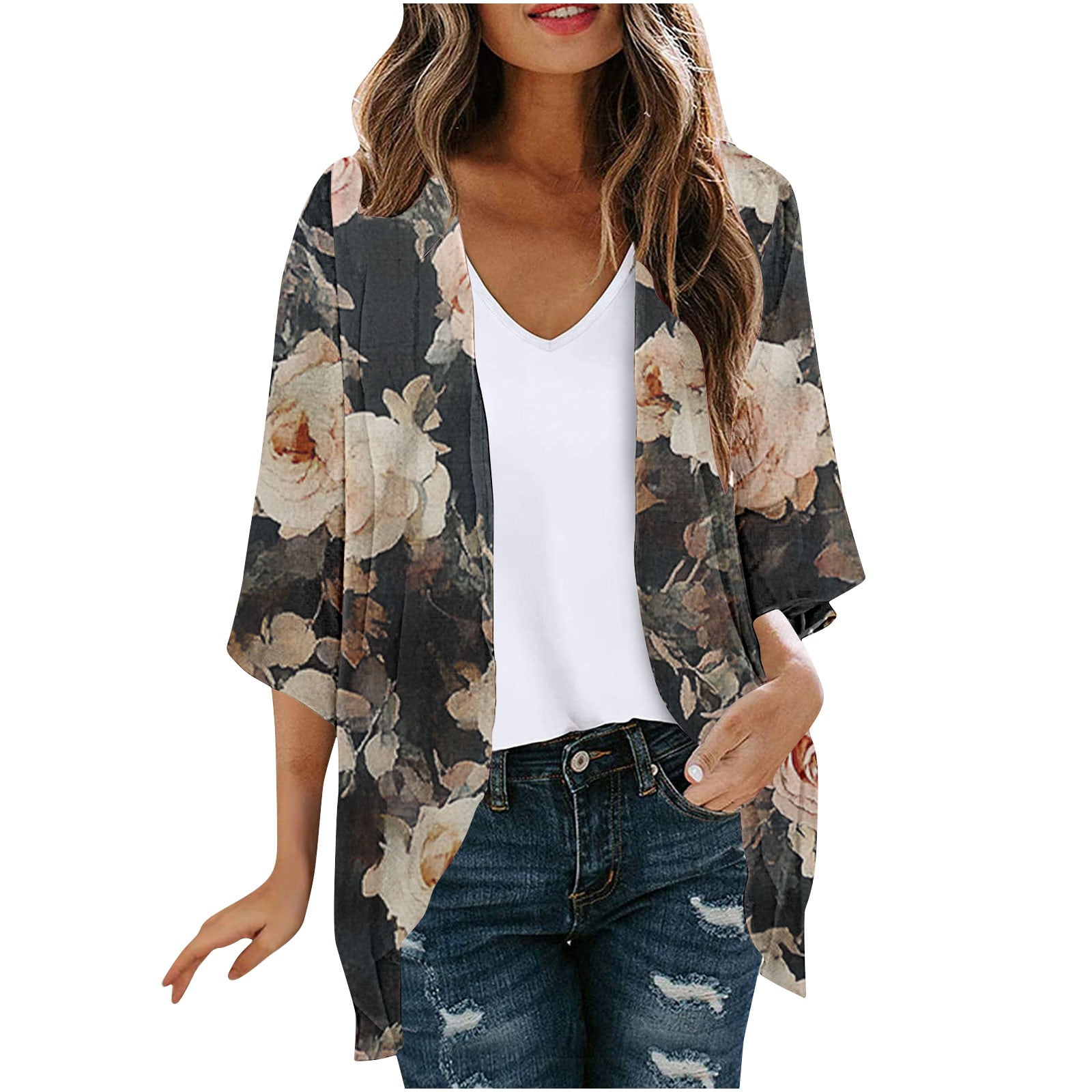 bnaln Cardigans for Women UK Summer Bikini Kimono Cardigan Floral Boho ...