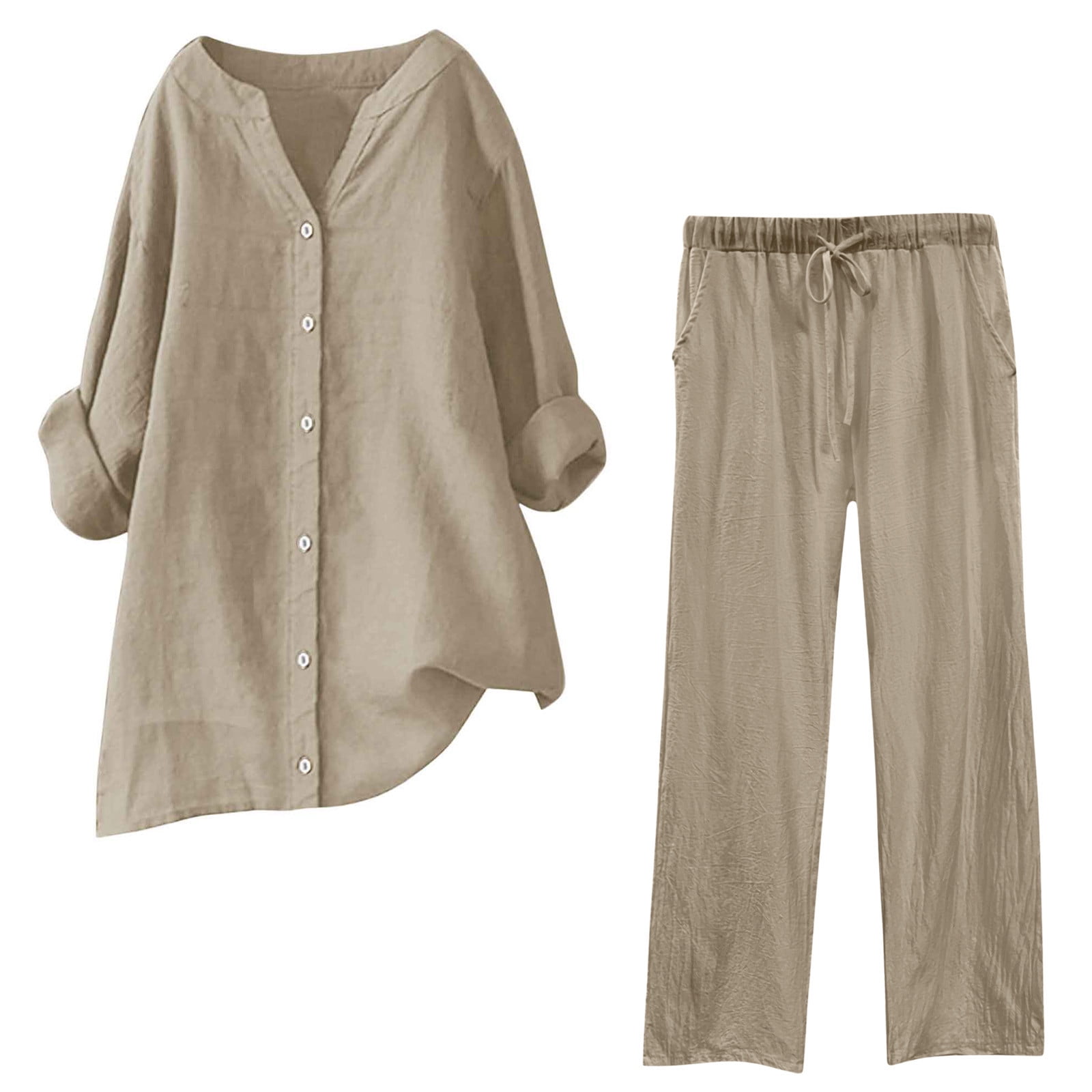 bnaln Linen Sets for Women 2 Piece Set Cotton Linen Outfits Summer ...