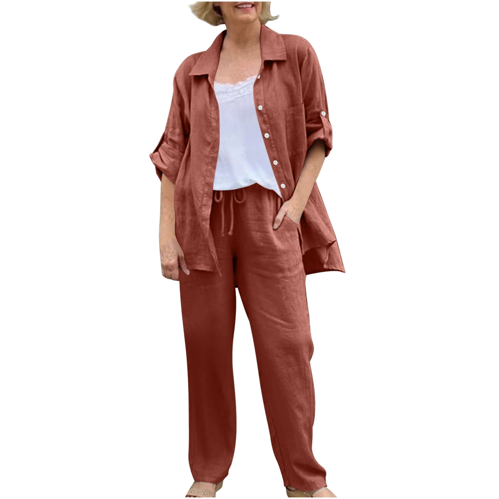bnaln Linen Sets for Women 2 Piece Summer Outfits Loose Fit Long Sleeve ...