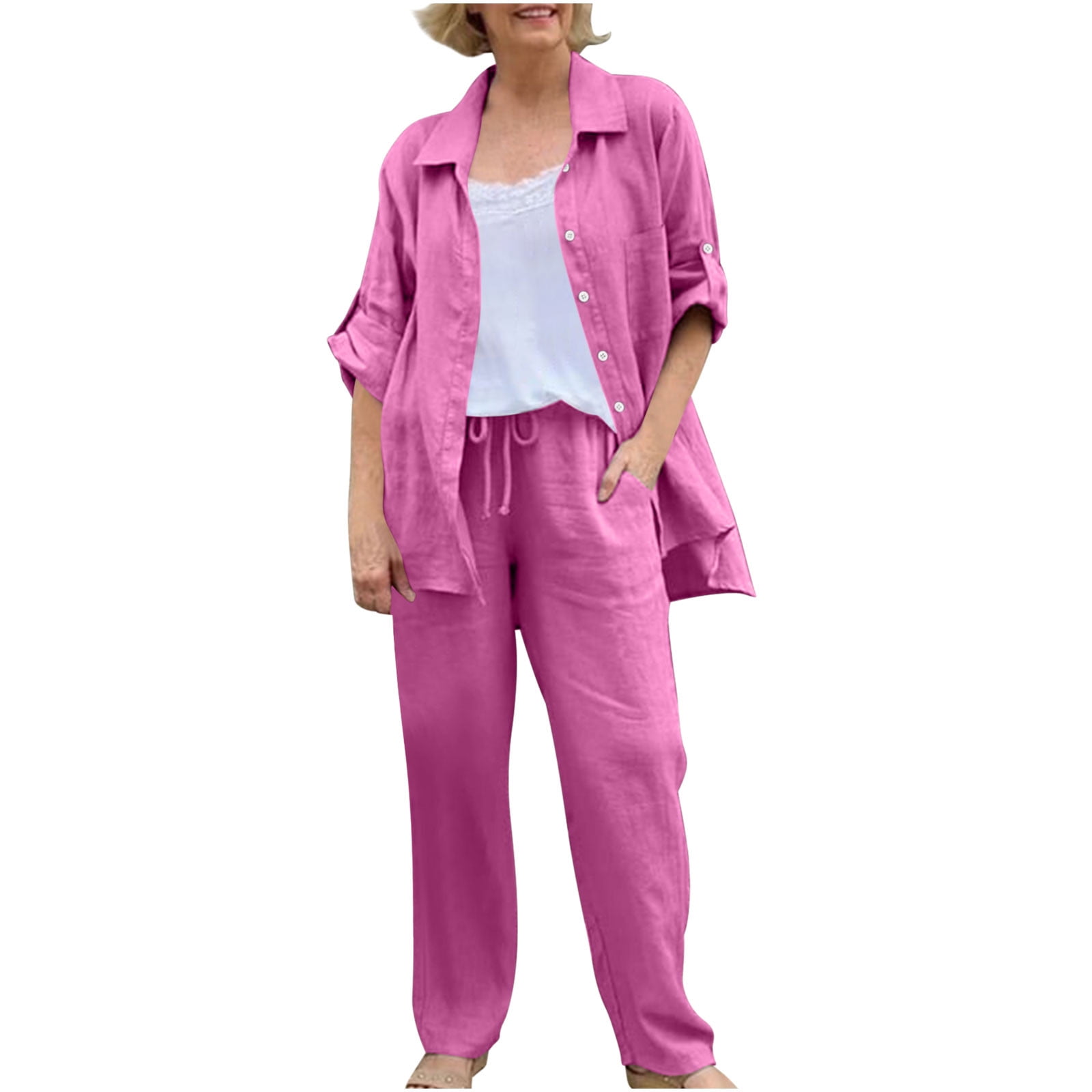 bnaln Linen Sets for Women 2 Piece Summer Outfits Loose Fit Long Sleeve ...