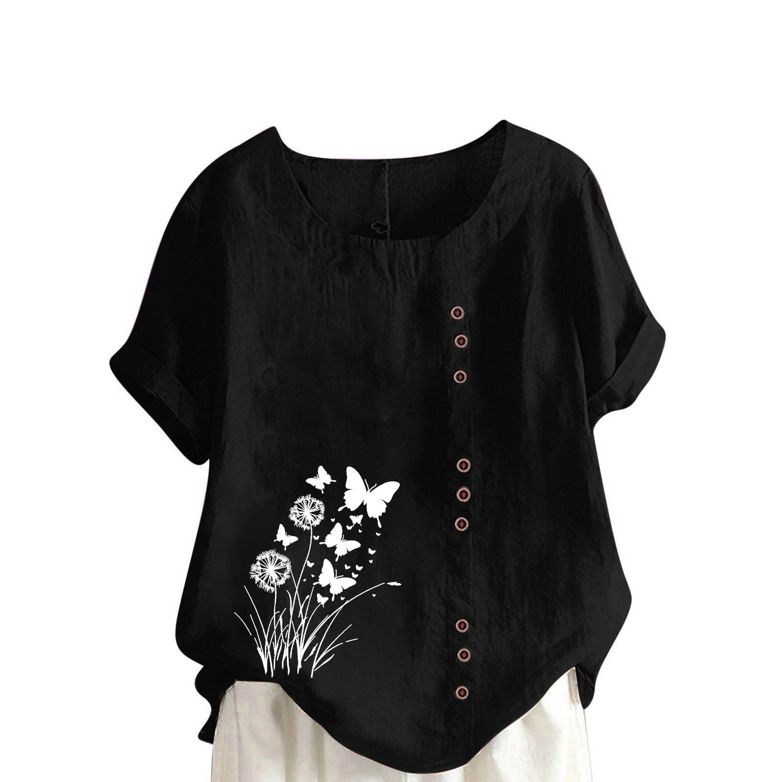 bnaln Linen Shirts for Women 2025 Casual Loose Fit Summer Boho Tops Crew Neck Buttons Trendy ...