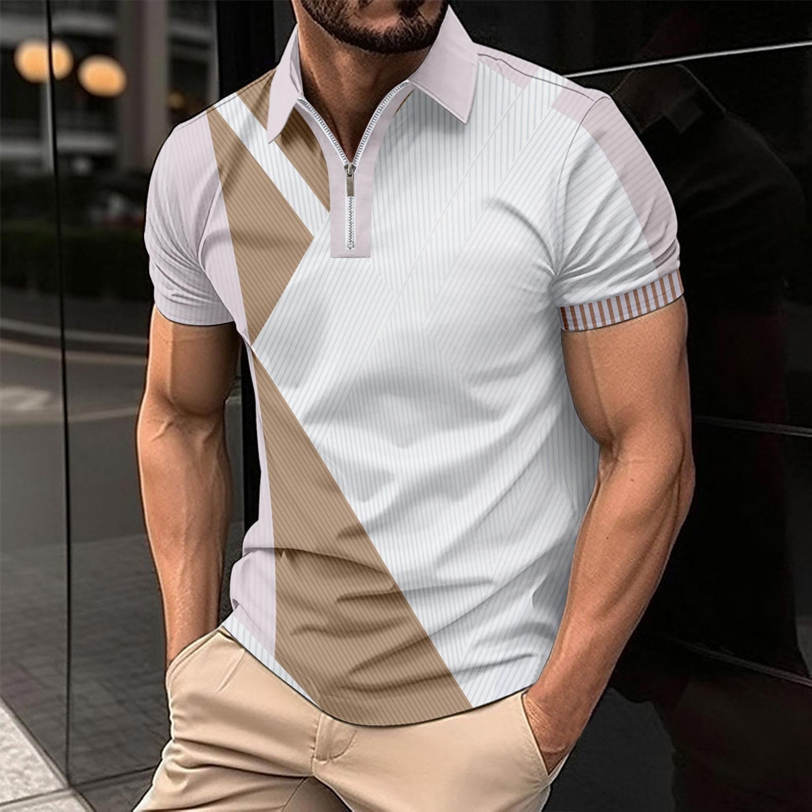 bnaln Men's Polos Shirts 1/4 Zip Mens T Shirts Short Sleeve Collared T-Shirts Color Block Summer ...