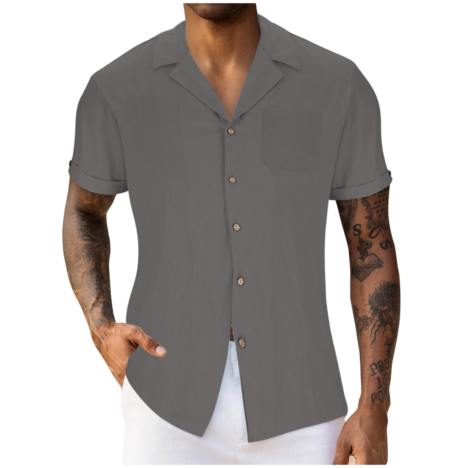 bnaln Men's Short Sleeve Linen Shirt Button Down Suit Lapel Collar ...