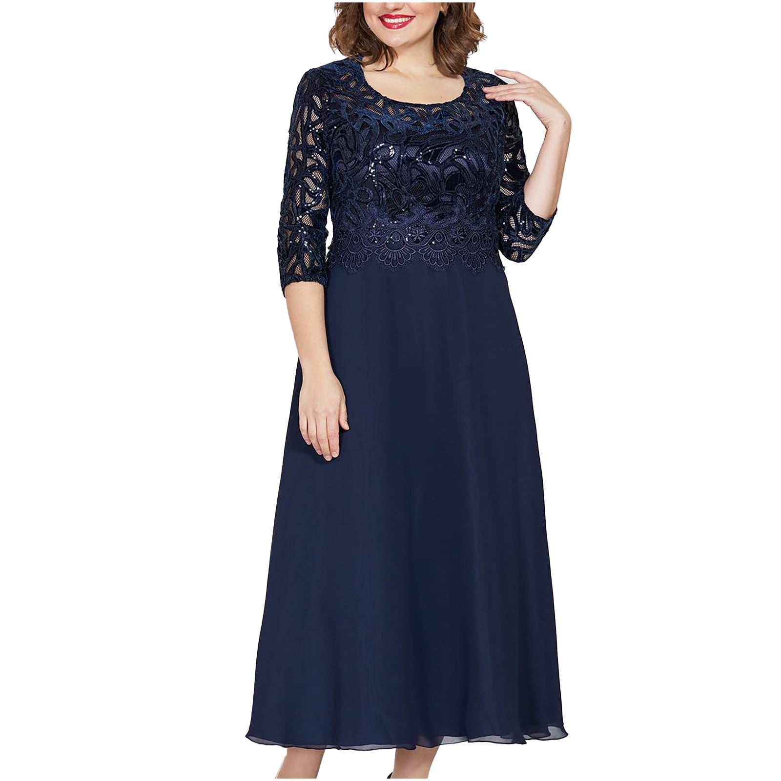 bnaln Plus Size Dresses for Women Lace 3/4 Sleeve Cocktail Midi Dress ...