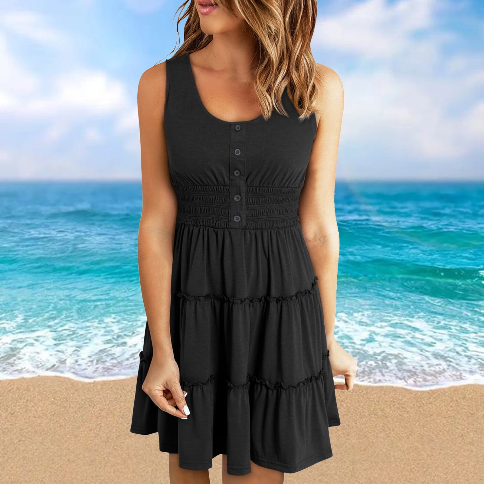 bnaln Sundress Women Button Up Smocked Elastic Waist Summer Dresses ...