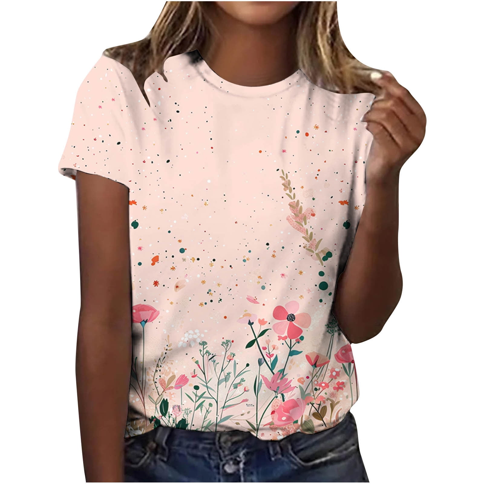bnaln Tshirts Women Summer Short Sleeve Tops Casual Floral Printed T ...