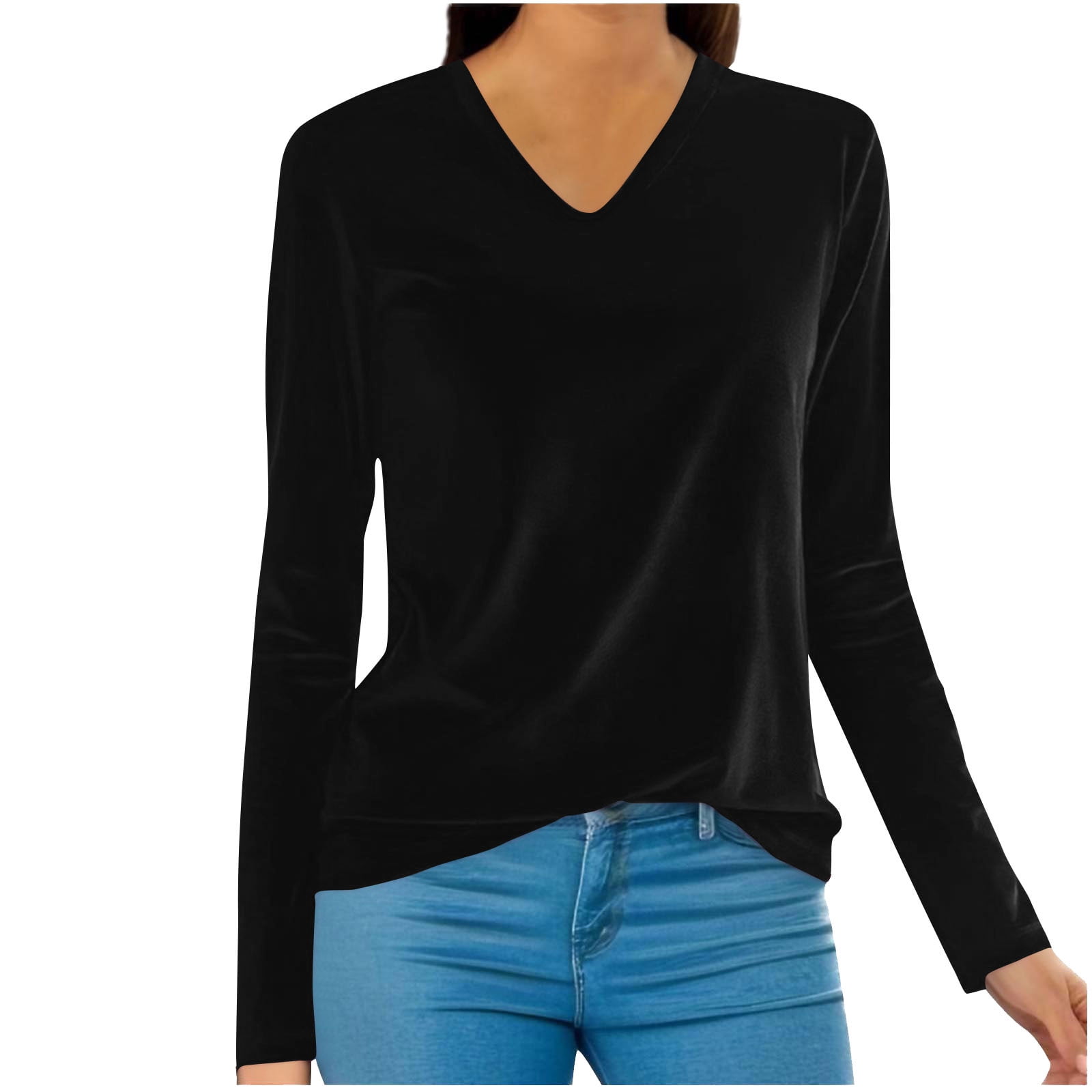 bnaln Womens Long Sleeve Tops Elegant Velvet Shirts V Neck Plain T ...